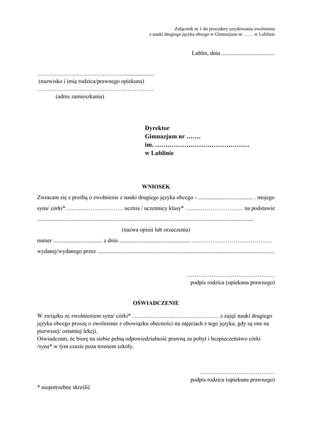 Załącznik nr 1 do procedury uzyskiwania zwolnienia | PDF