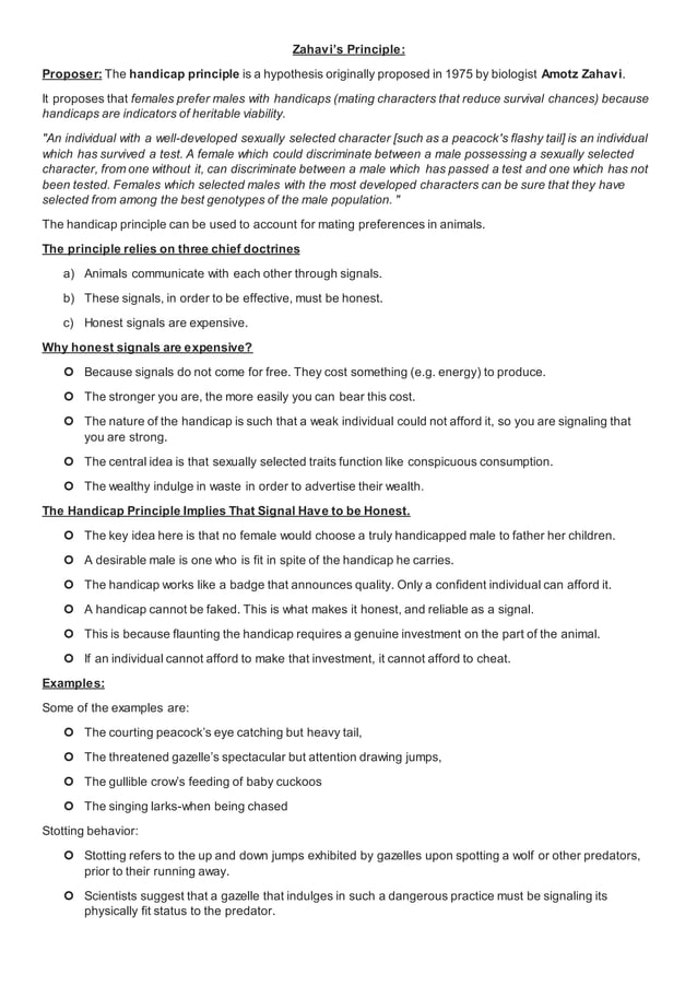 Zahavi handicapp theory | DOCX | Biological Sciences | Science