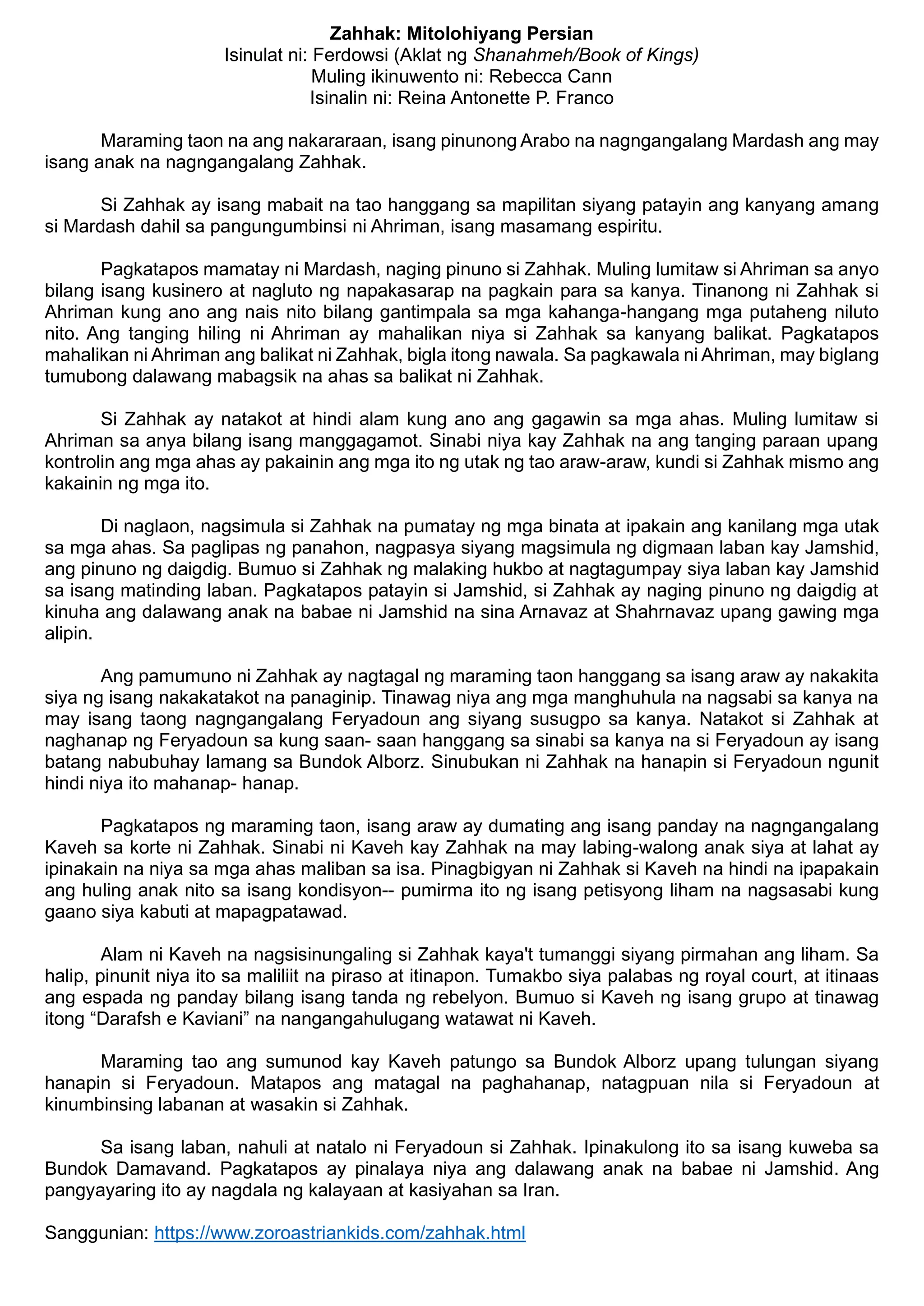 Zahhak: Isang Uri ng Mitolohiyang Persiano | PDF
