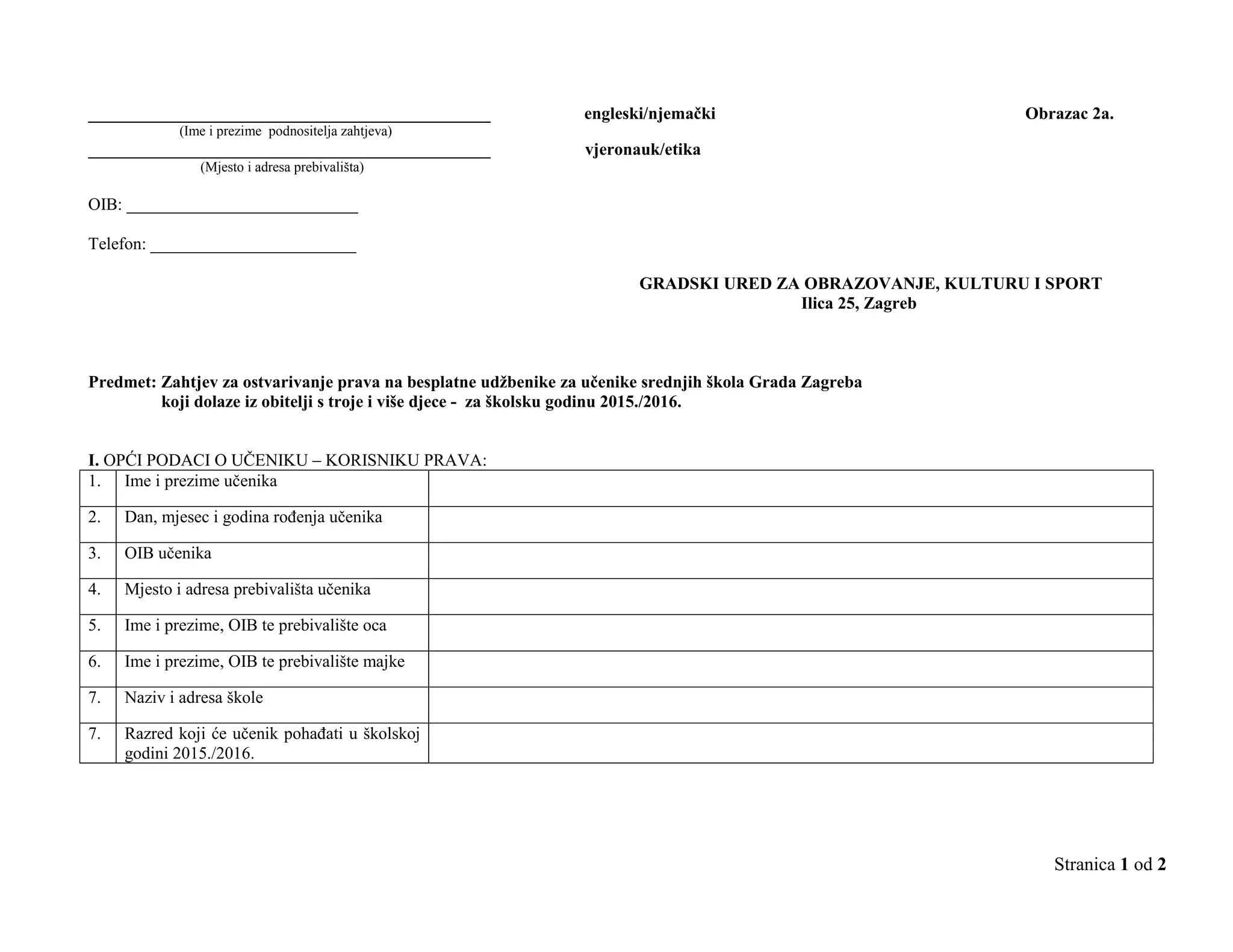 Zahtjev za nabavu besplatnih udžbenika - 2015. | PDF