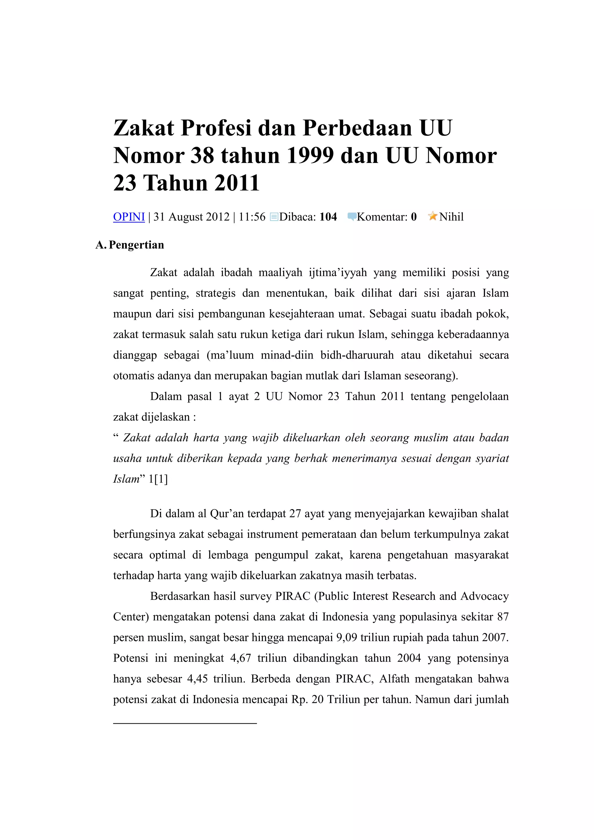Zakat profesi dan perbedaan uu nomor 38 tahun 1999 dan uu nomor 23 tahun 2011 | PDF