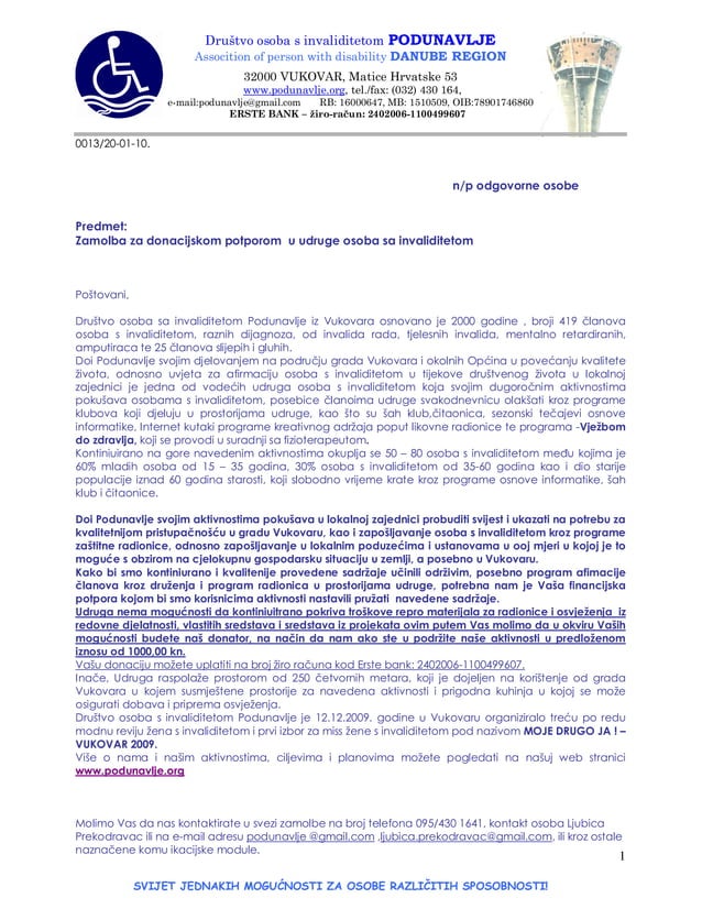 Zamolba Za Potprom Udruzi Osoba S Invaliditetom U 2010 Godini | PDF