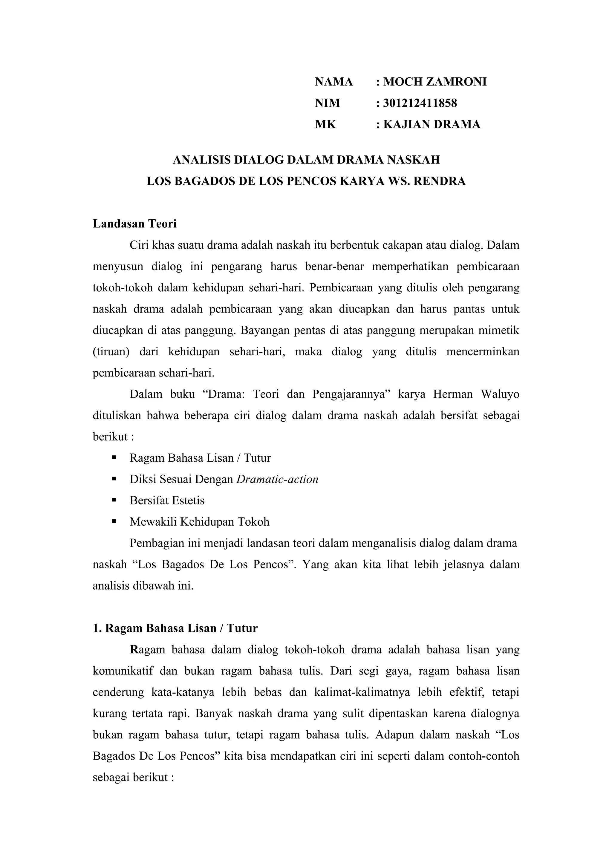 ANALISIS DIALOG DALAM DRAMA NASKAH LOS BAGADOS DE LOS PENCOS KARYA WS ...