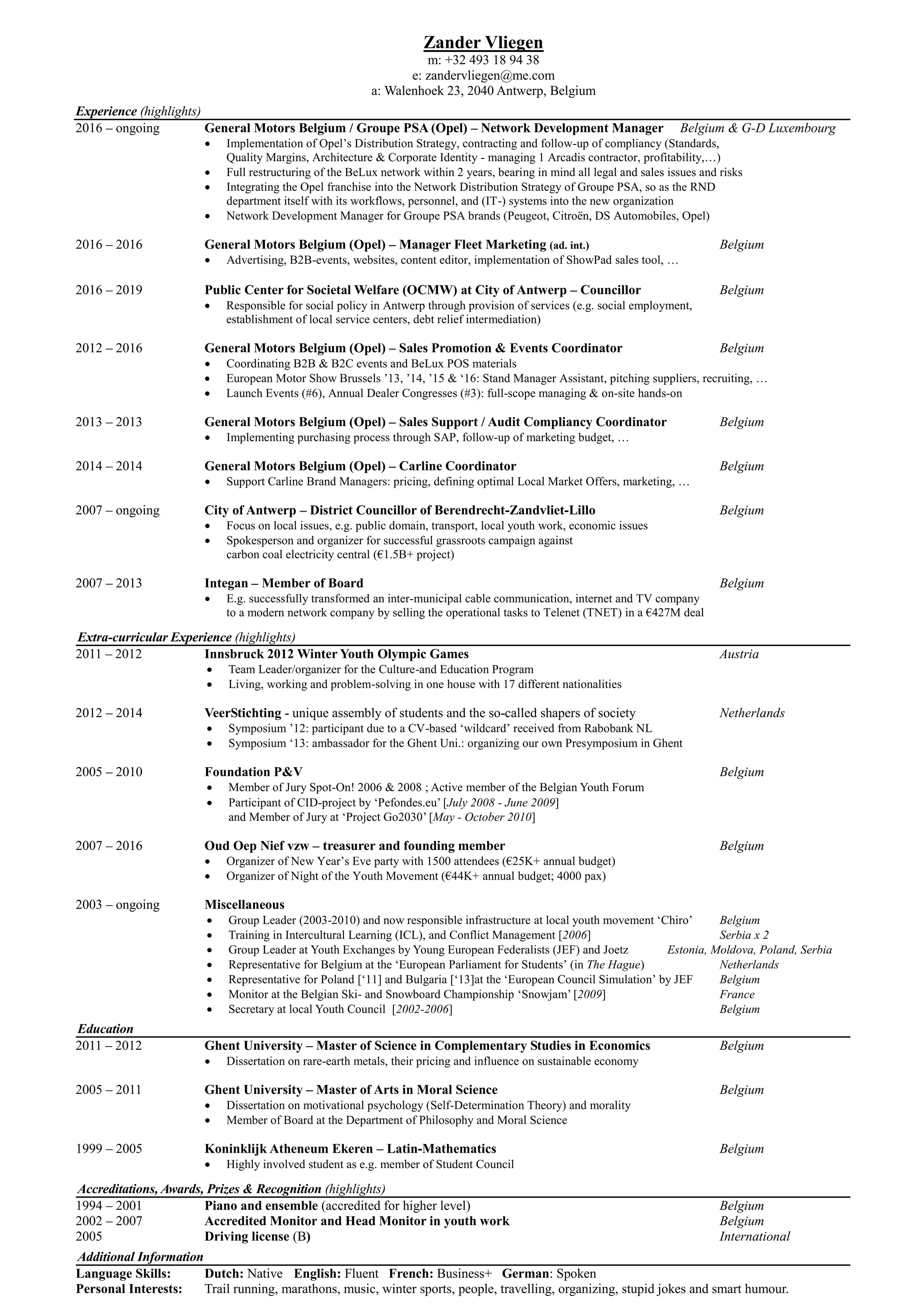Curriculum Vitae of Zander Vliegen (English) | PDF