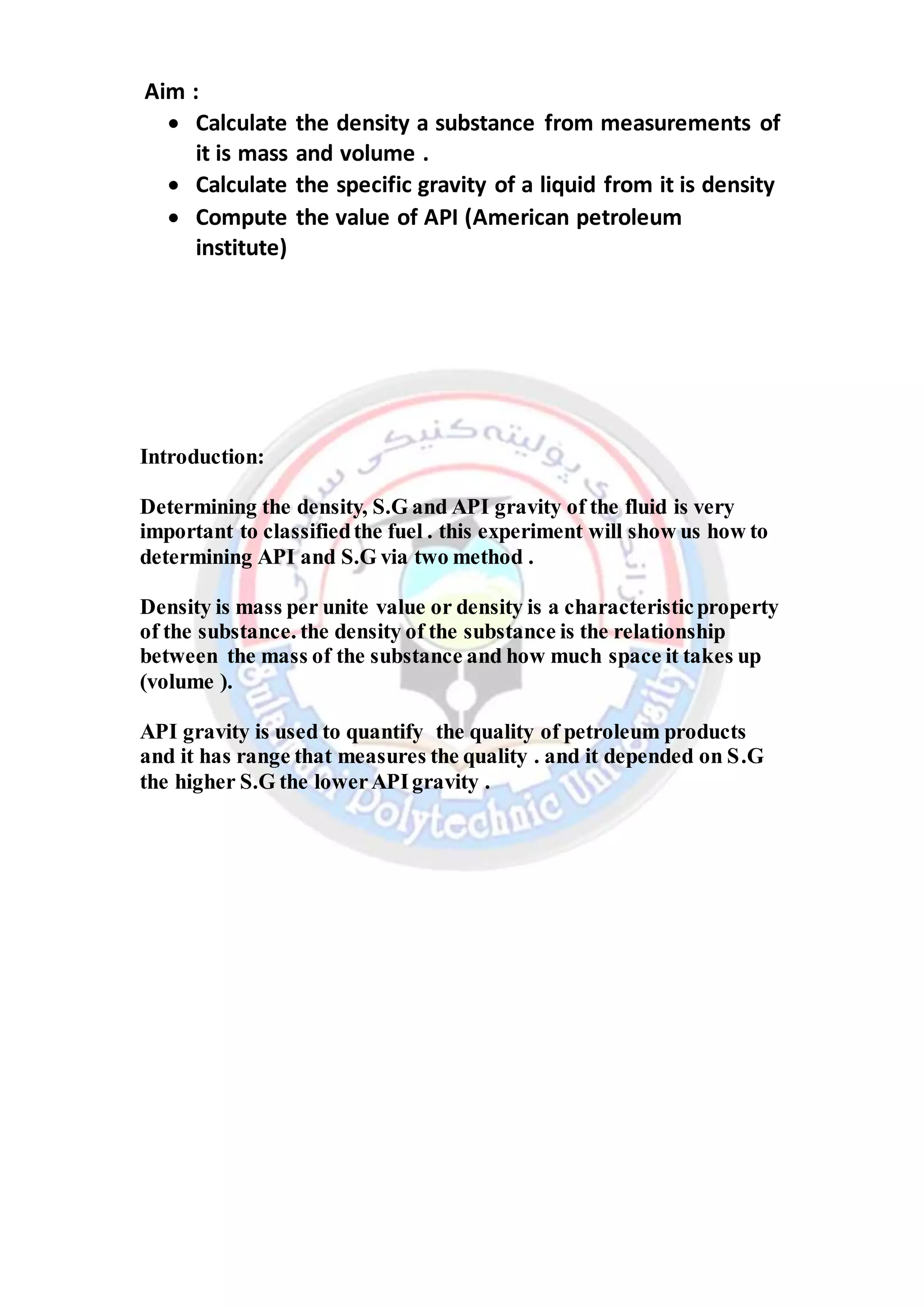 Measurement of density S.G and API gravity | DOCX