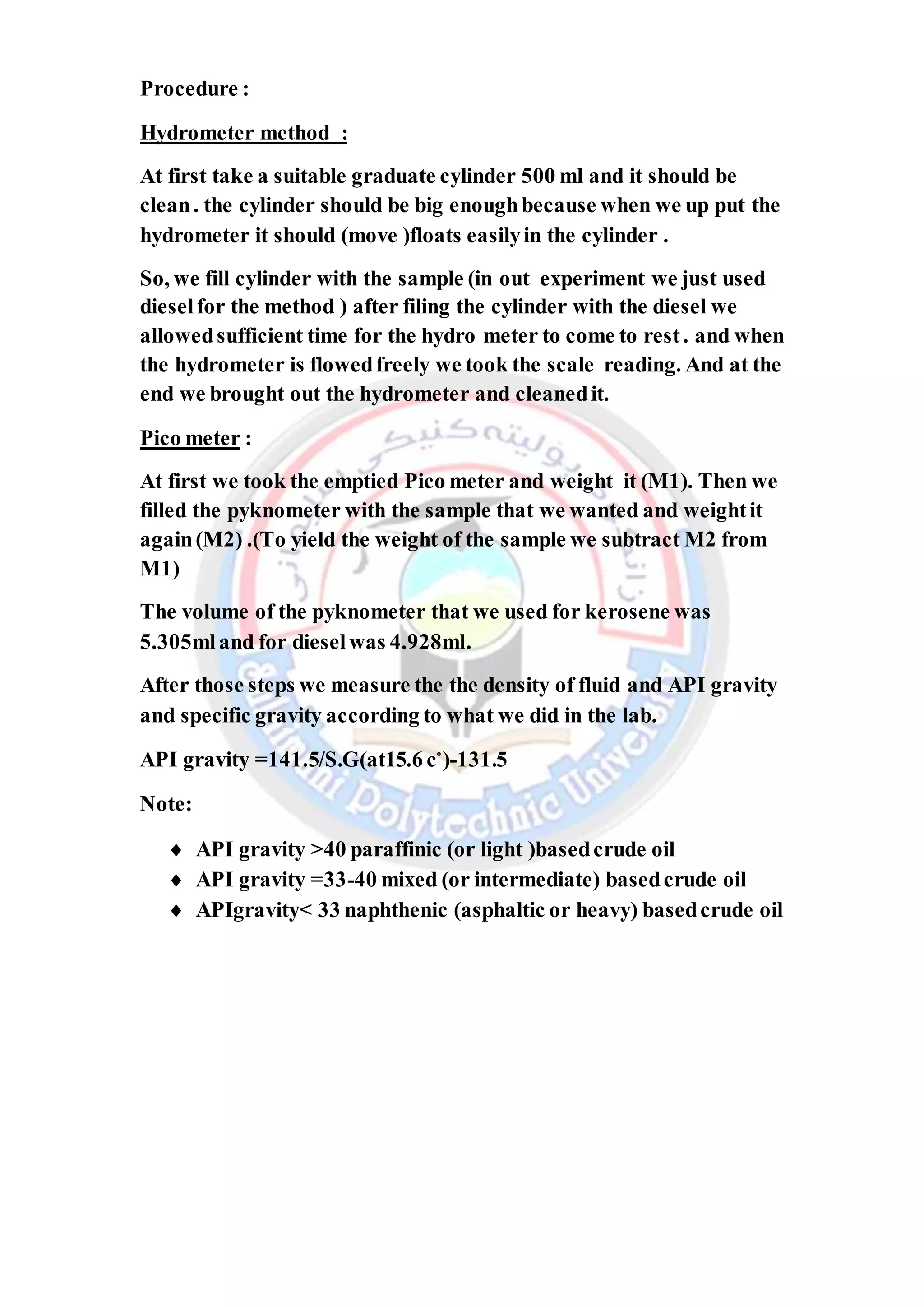 Measurement of density S.G and API gravity | DOCX