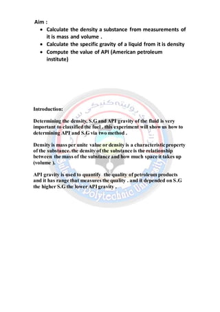 Measurement of density S.G and API gravity | DOCX