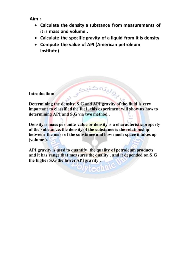 Measurement of density S.G and API gravity | DOCX
