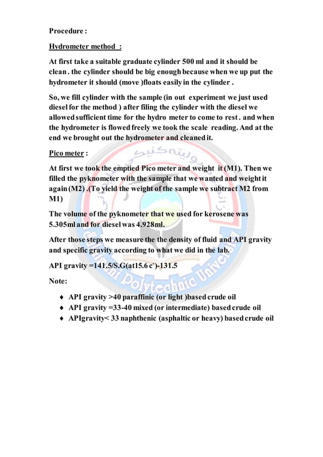 Measurement of density S.G and API gravity | DOCX