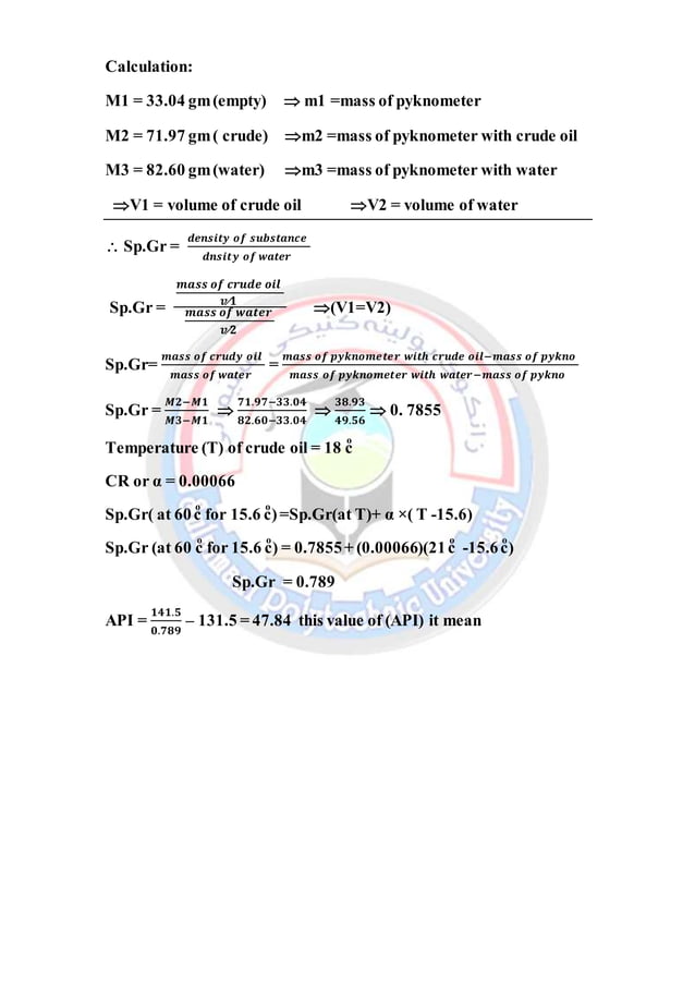 Measurement of density S.G and API gravity | DOCX
