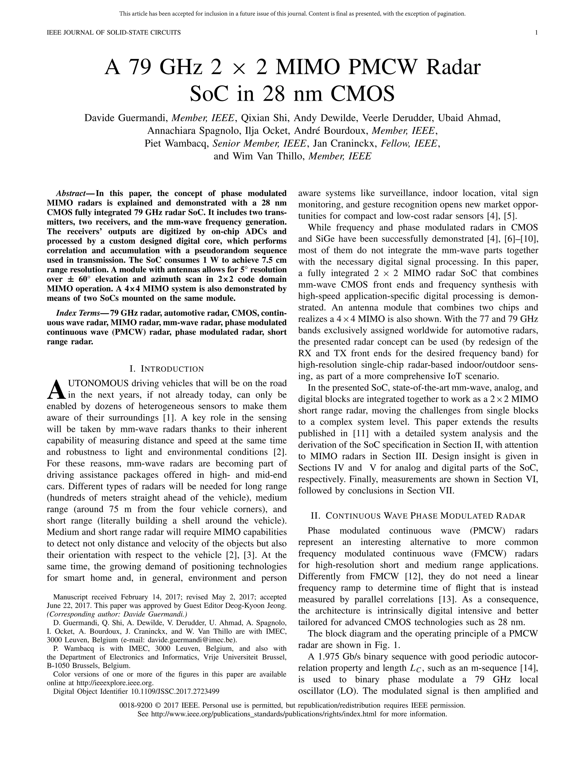 A 79GHz 2X2 MIMO PMCW Radar SoC in 28 nm CMOS | PDF