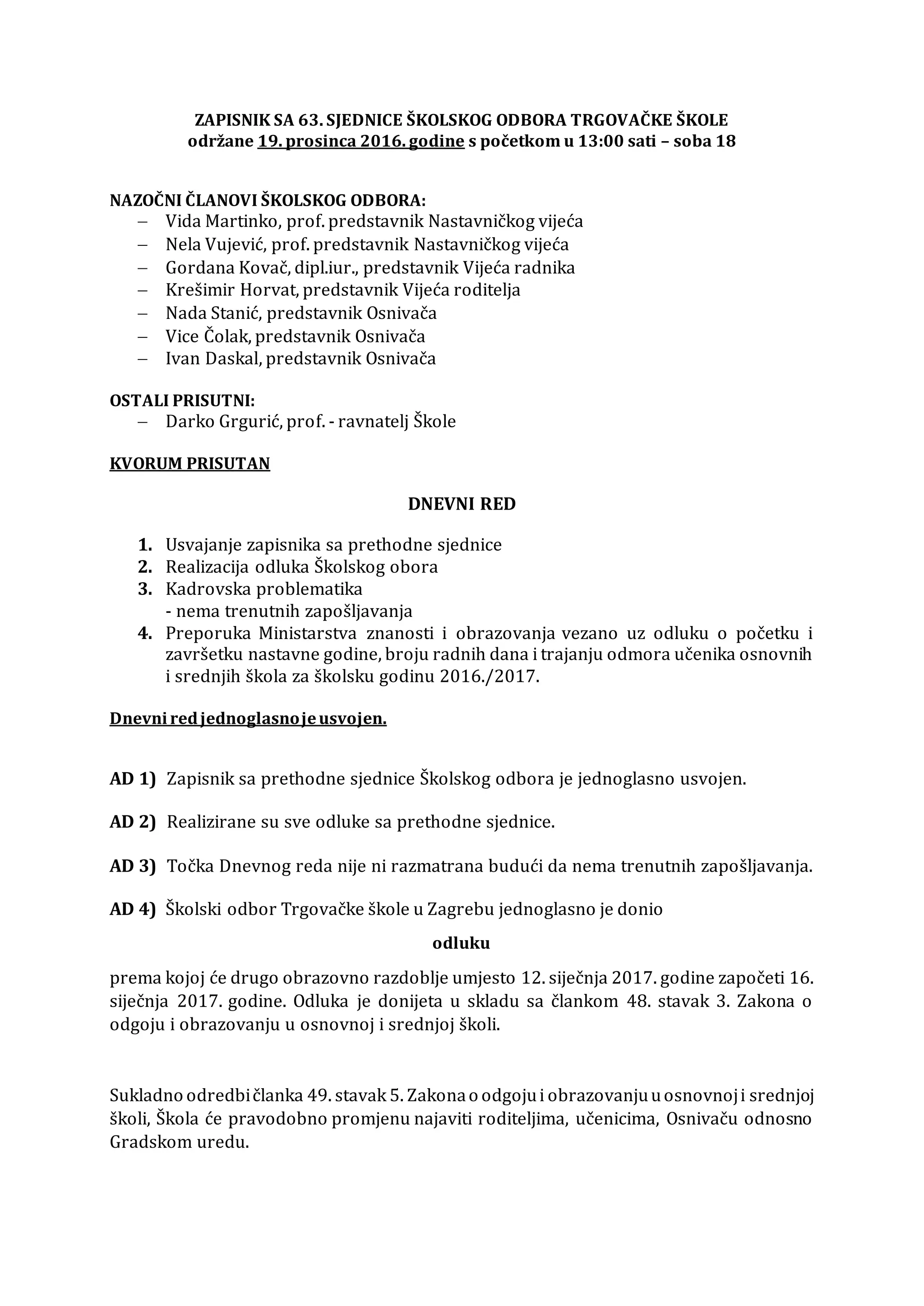 Zapisnik sa 63. sjednice - 2016. | PDF