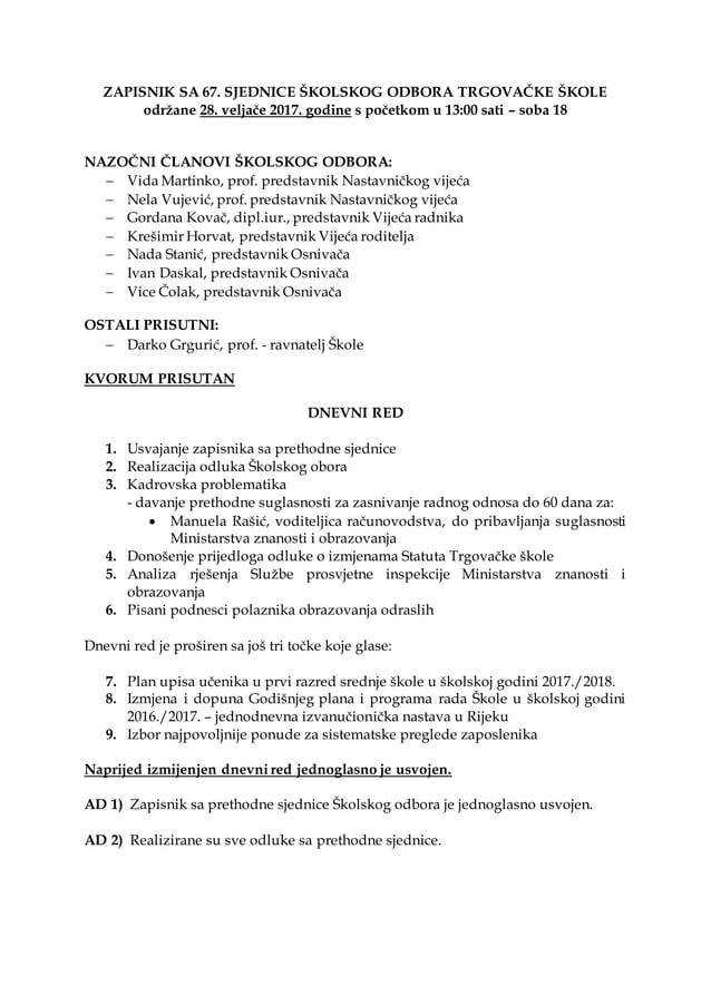 Zapisnik sa 67. sjednice | PDF