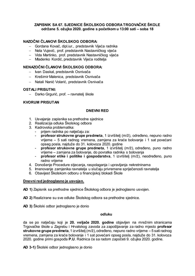 Zapisnik sa 67. sjednice - 2020. | PDF