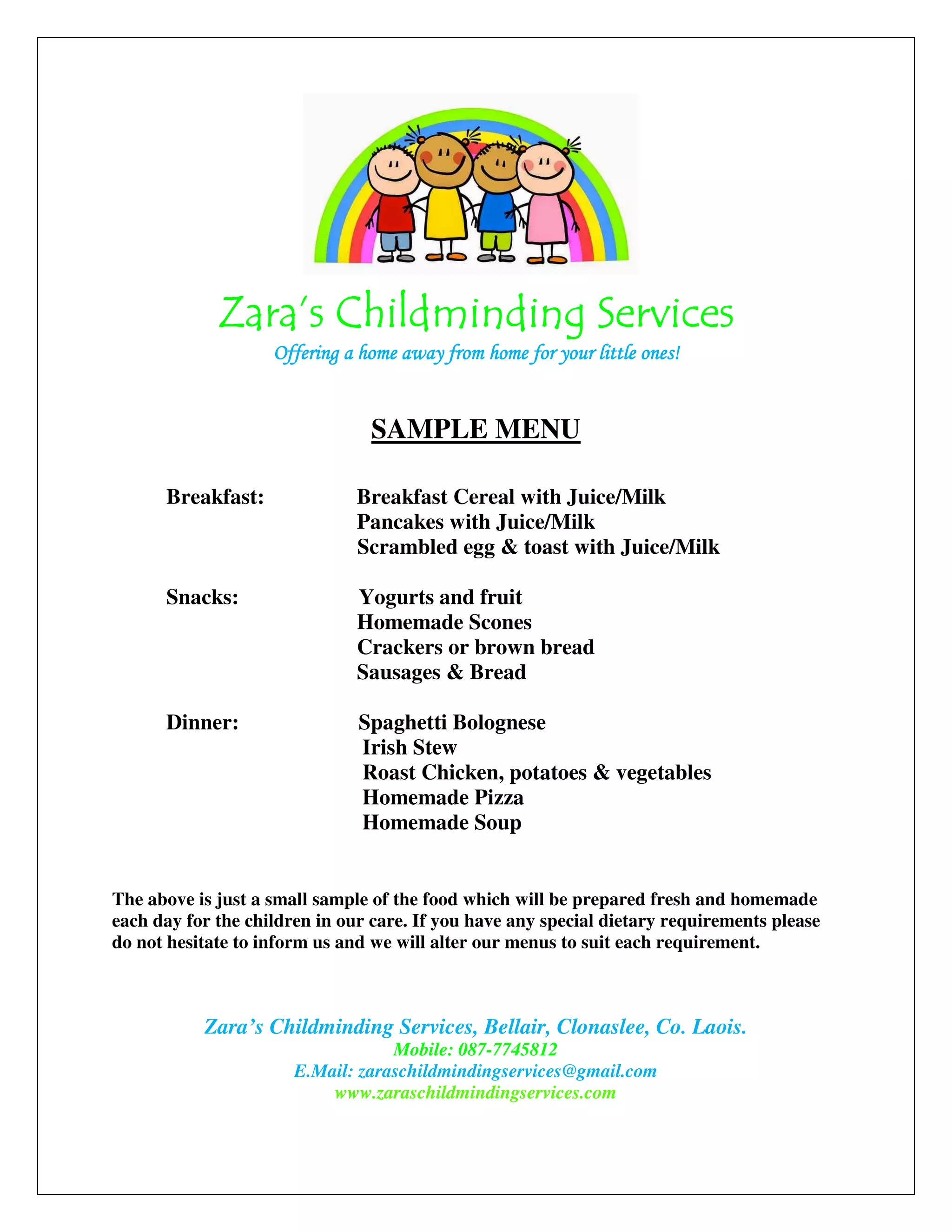 Zaras sample menu | PDF