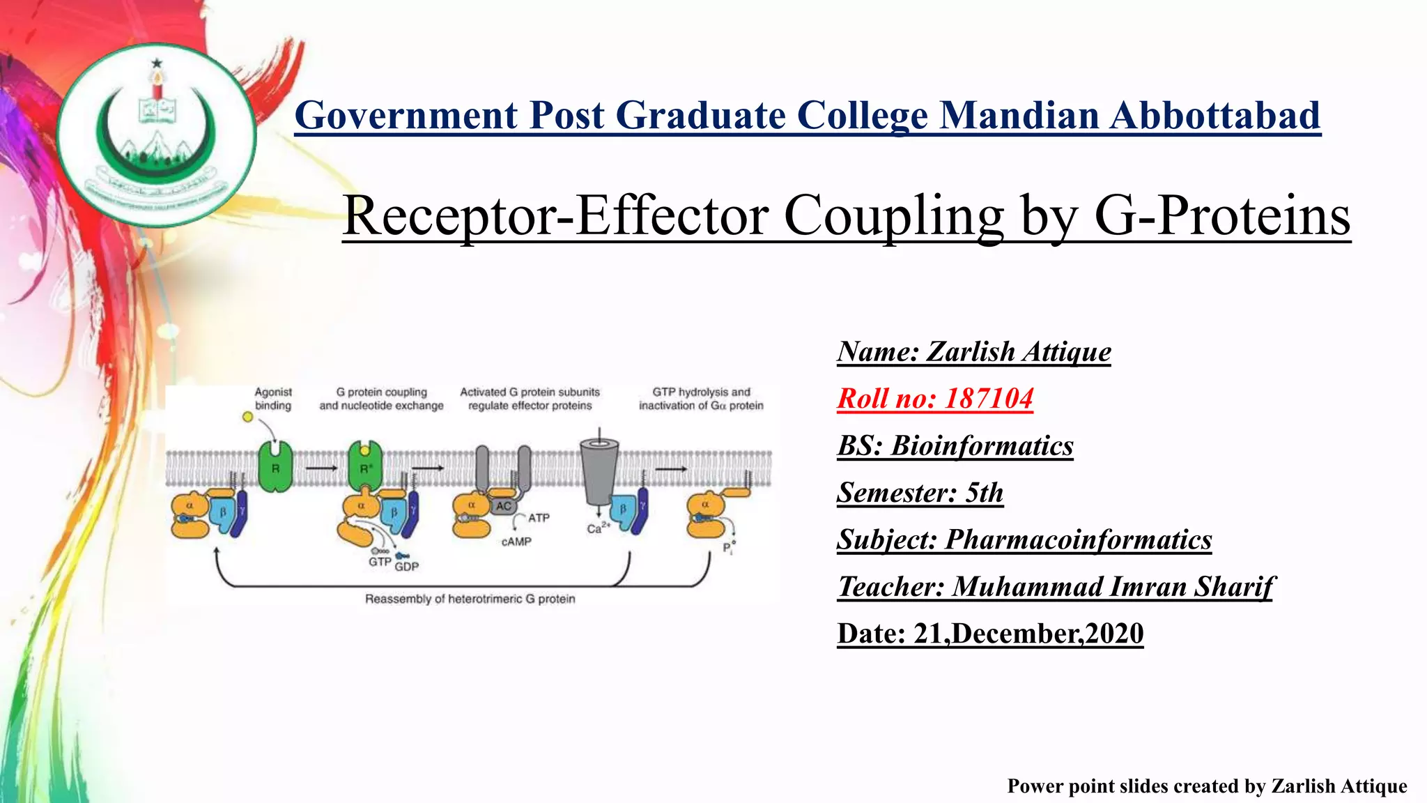 Receptor Effector coupling by G-Proteins Zarlish attique 187104 | PPT
