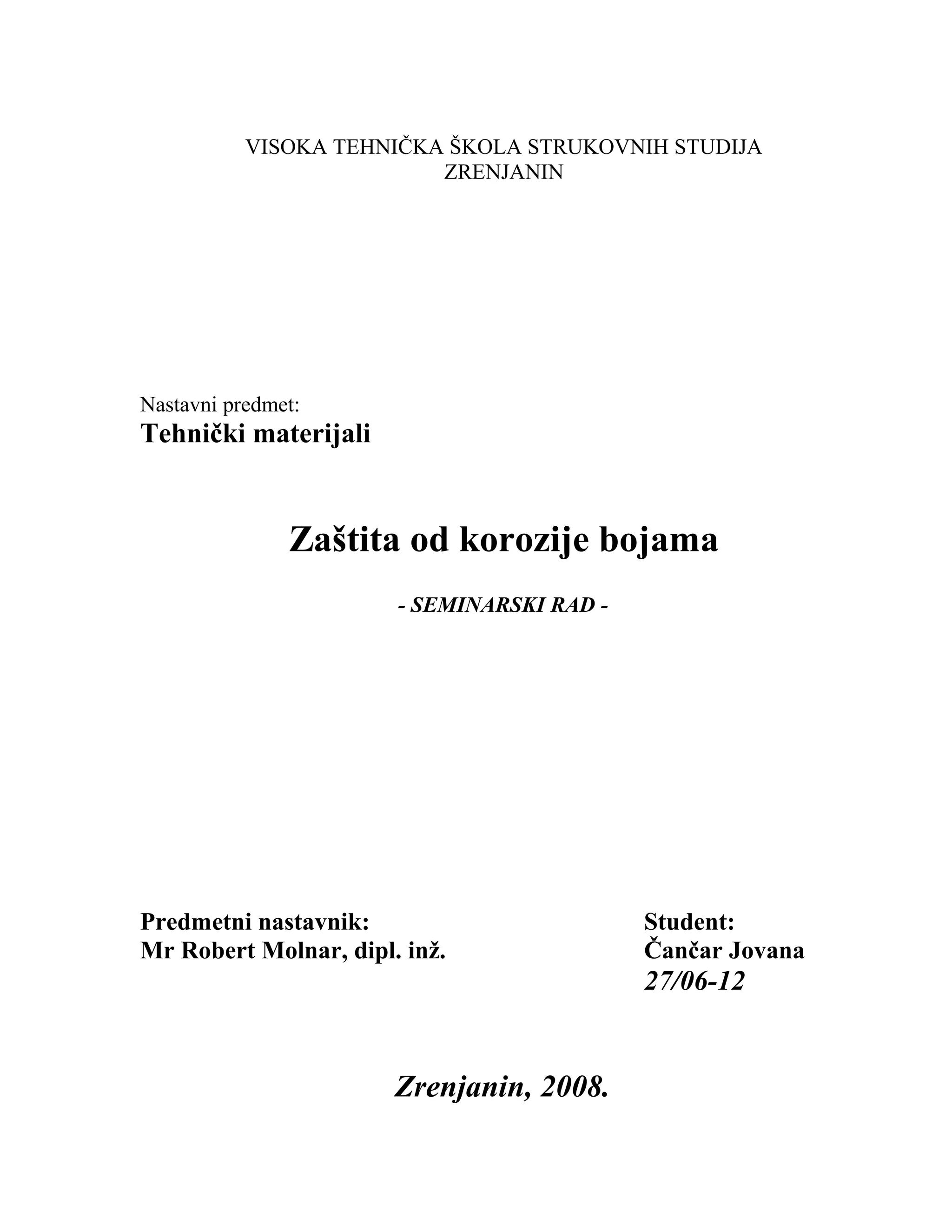 Zastita od korozije bojama tehnicki materijali | DOC