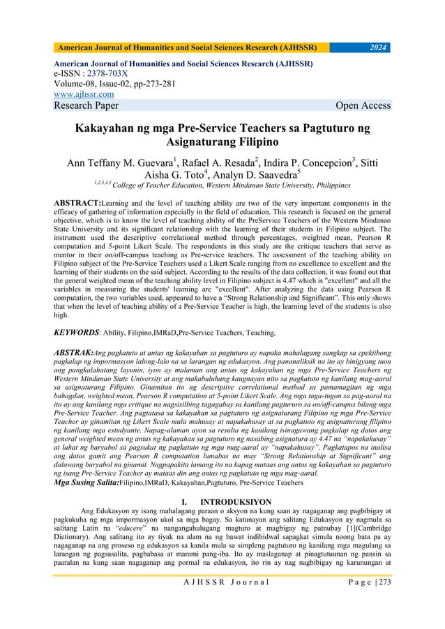 Kakayahan ng mga Pre-Service Teachers sa Pagtuturo ng Asignaturang Filipino | PDF