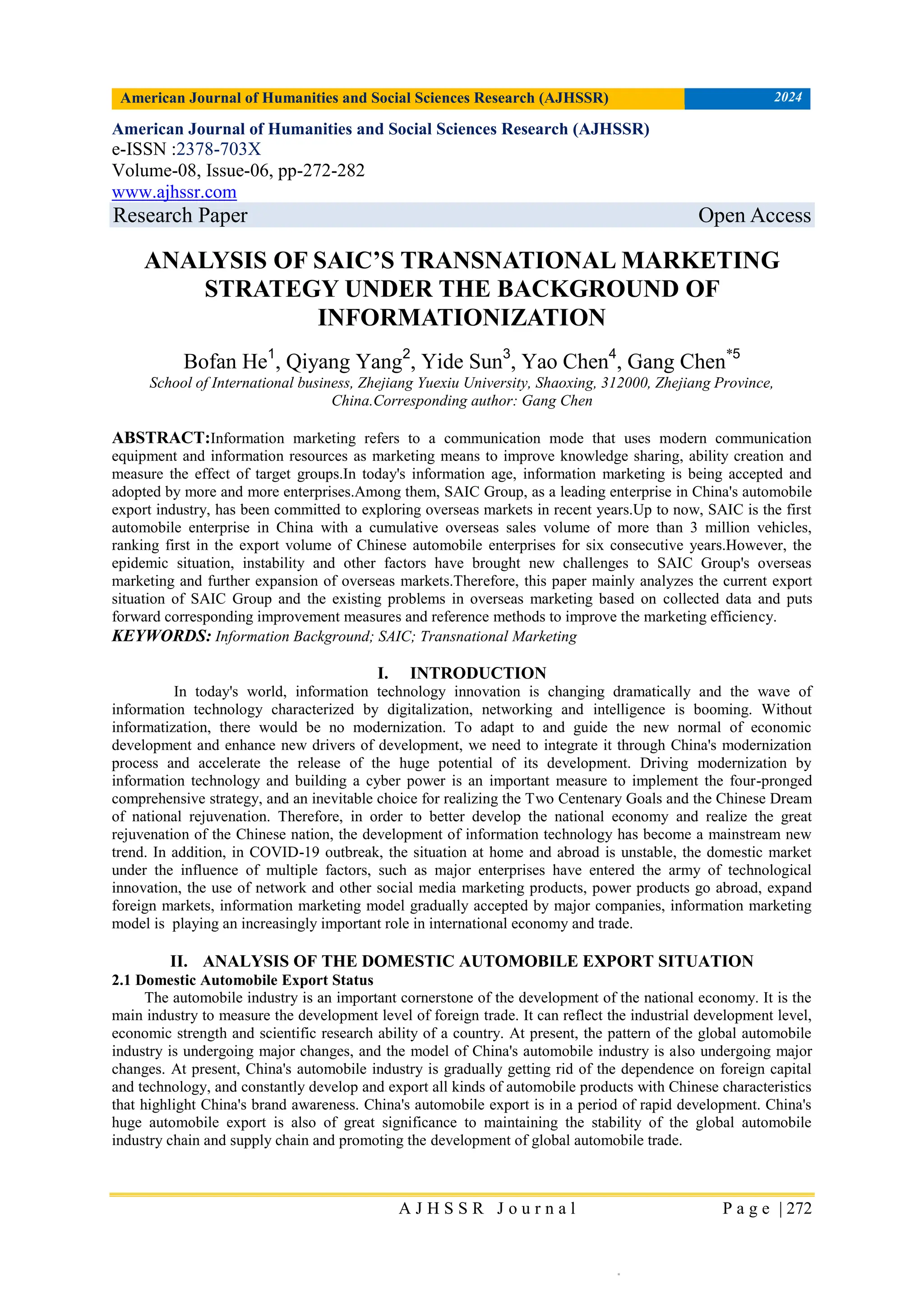 ANALYSIS OF SAIC’S TRANSNATIONAL MARKETING STRATEGY UNDER THE ...