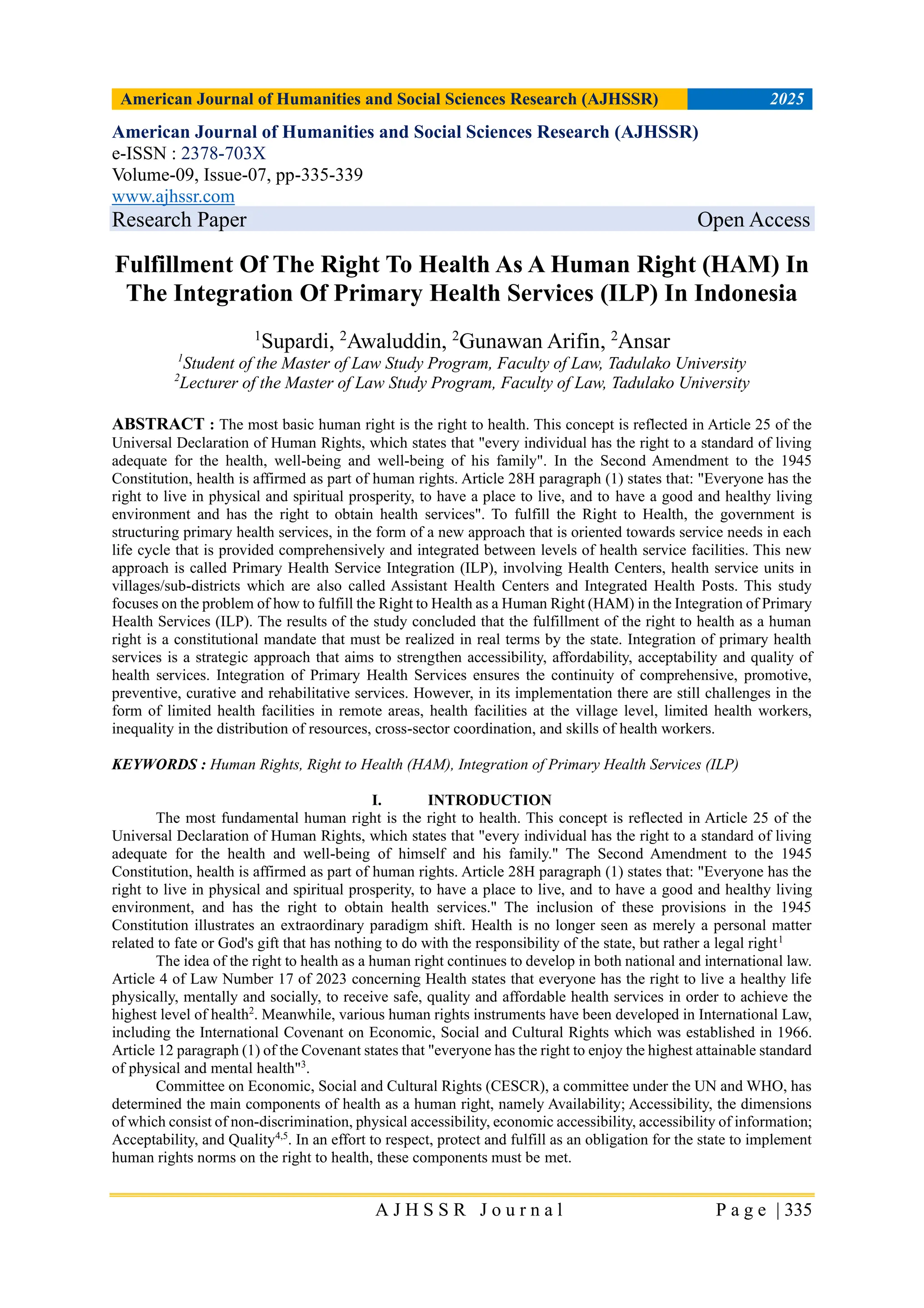 Fulfillment Of The Right To Health As A Human Right (HAM) In The Integration Of Primary Health ...