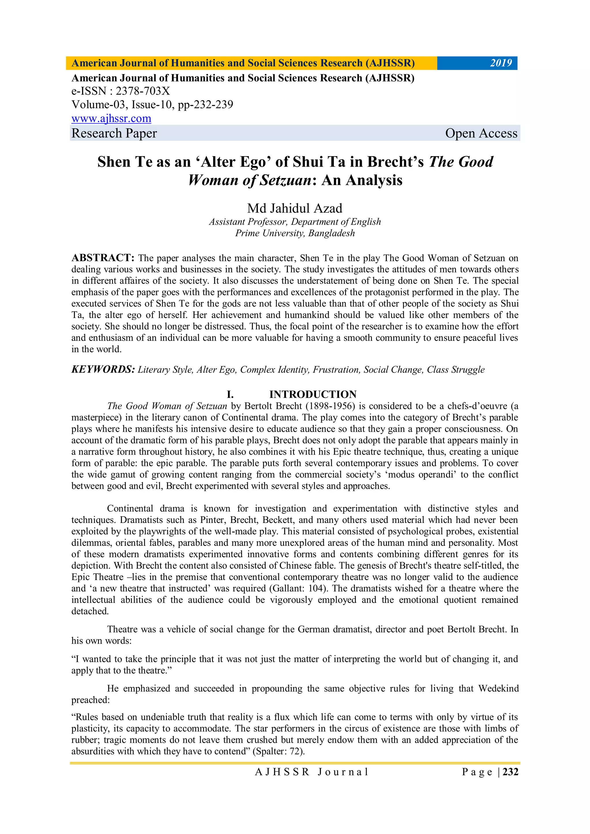 Shen Te as an ‘Alter Ego’ of Shui Ta in Brecht’s The Good Woman of ...
