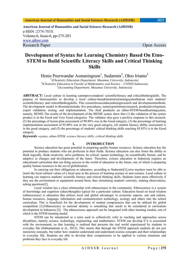 Development of Syntax for Learning Chemistry Based On EtnoSTEM to Build Scientific Literacy ...