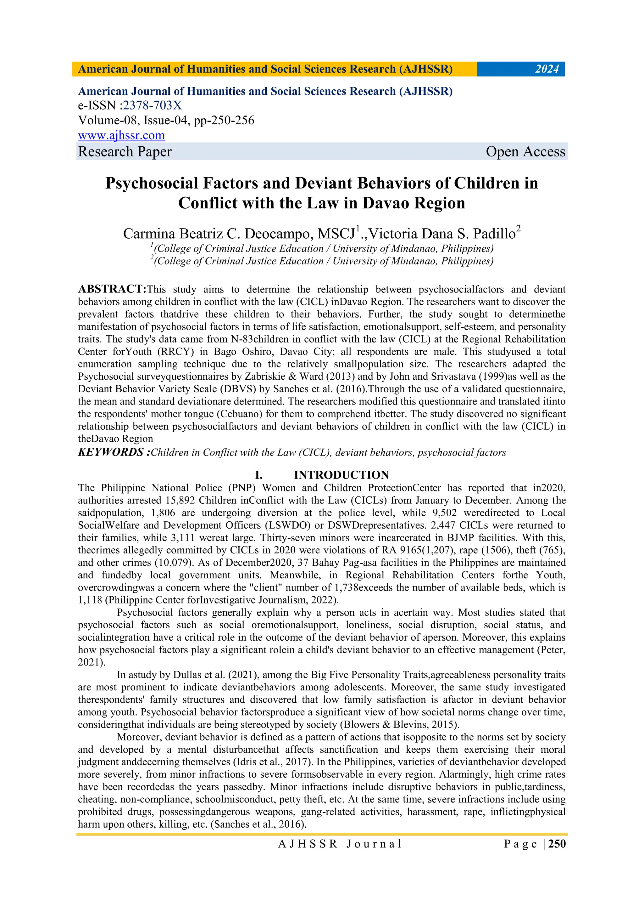 Psychosocial Factors and Deviant Behaviors of Children in Conflict with ...