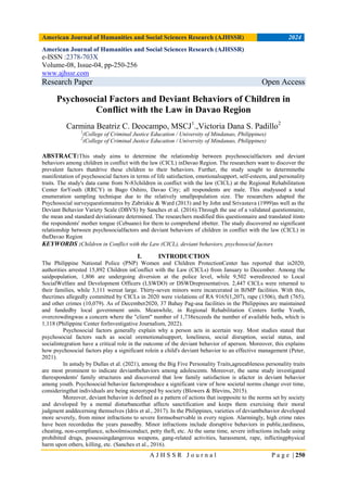 Psychosocial Factors and Deviant Behaviors of Children in Conflict with the Law in Davao Region ...