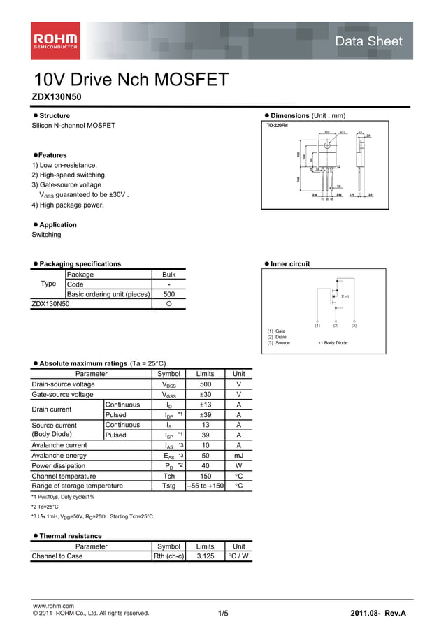 Original N-channel Mosfet ZDX130N50 ZDX130 130 130N50 500V 13A TO-220F New Rohm | PDF