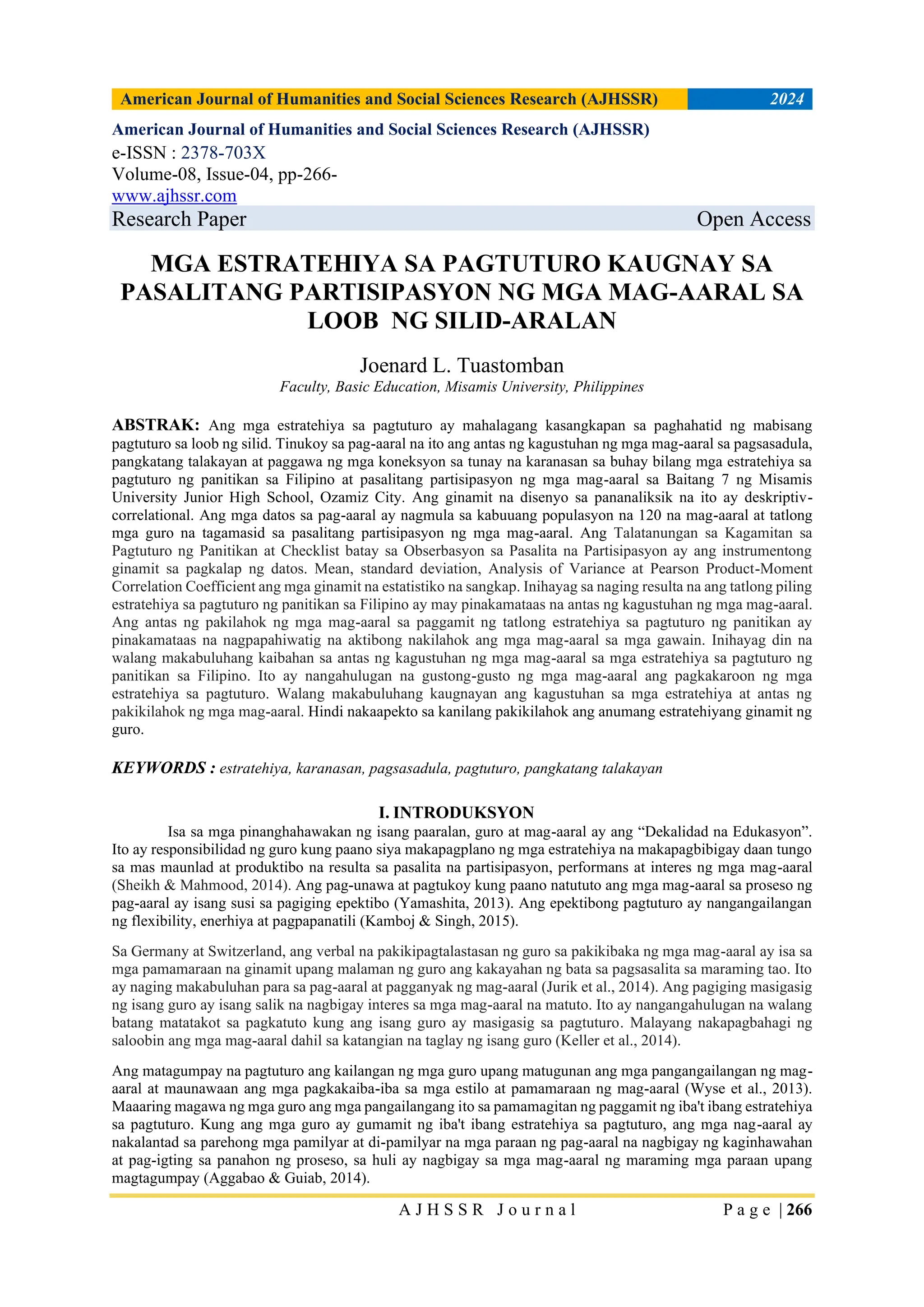 MGA ESTRATEHIYA SA PAGTUTURO KAUGNAY SA PASALITANG PARTISIPASYON NG MGA MAG-AARAL SA LOOB NG ...