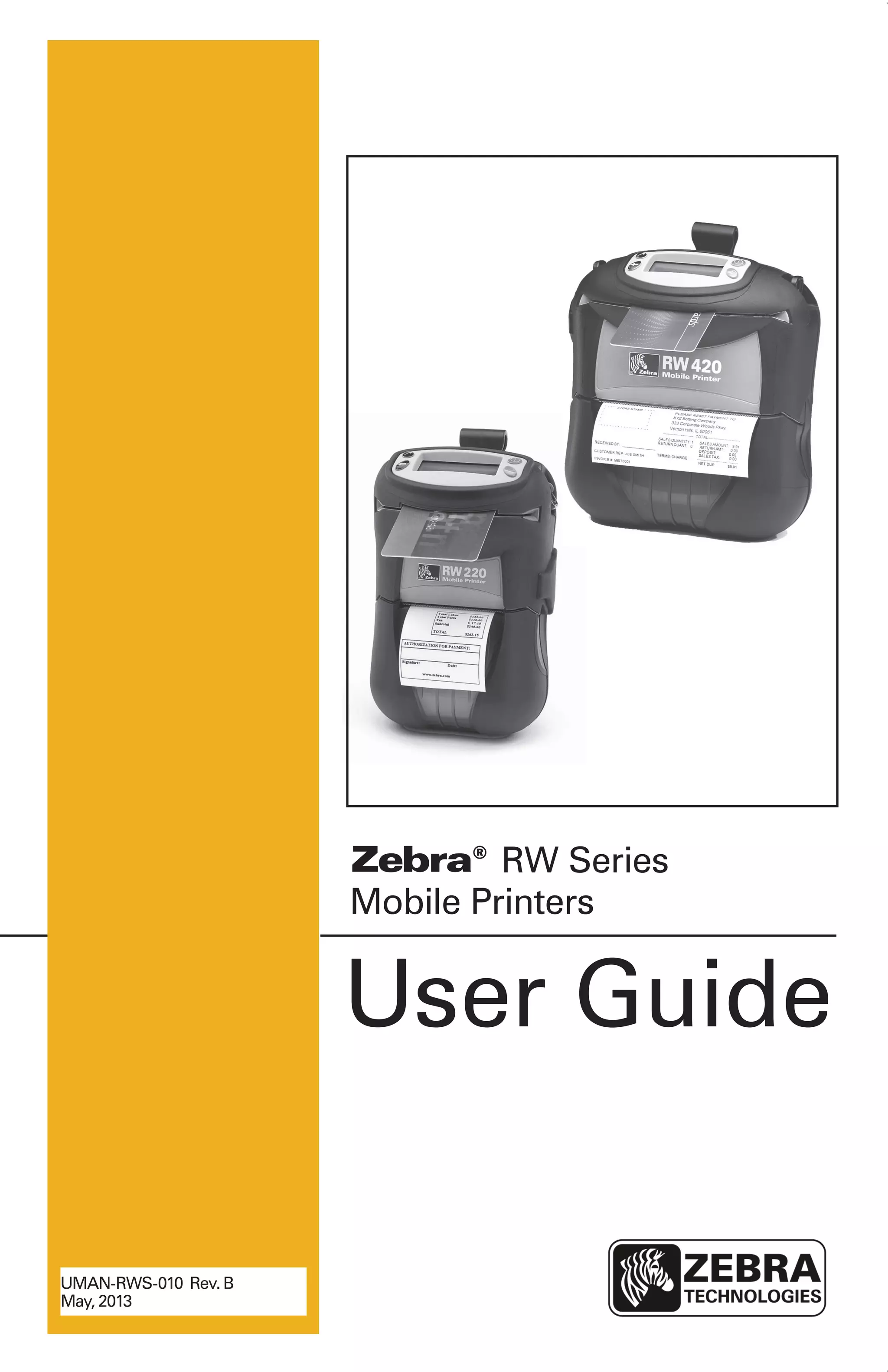 지브라프린터 Zebra RW420 감열 4인치 모바일프린터 매뉴얼 | PDF
