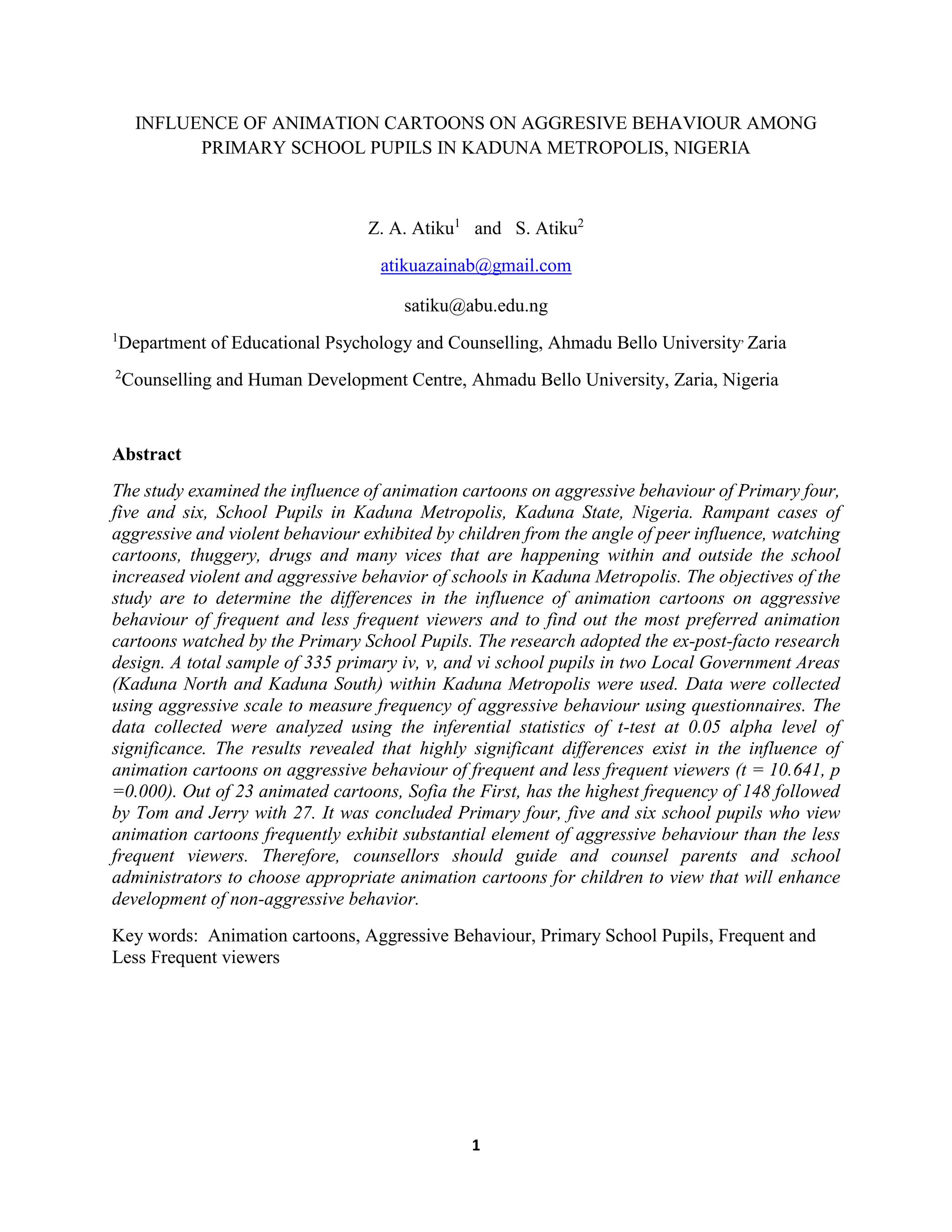 Zee 1. INFLUENCE OF ANIMATION CARTOONS ON AGRESSIVE BEHAV..docx