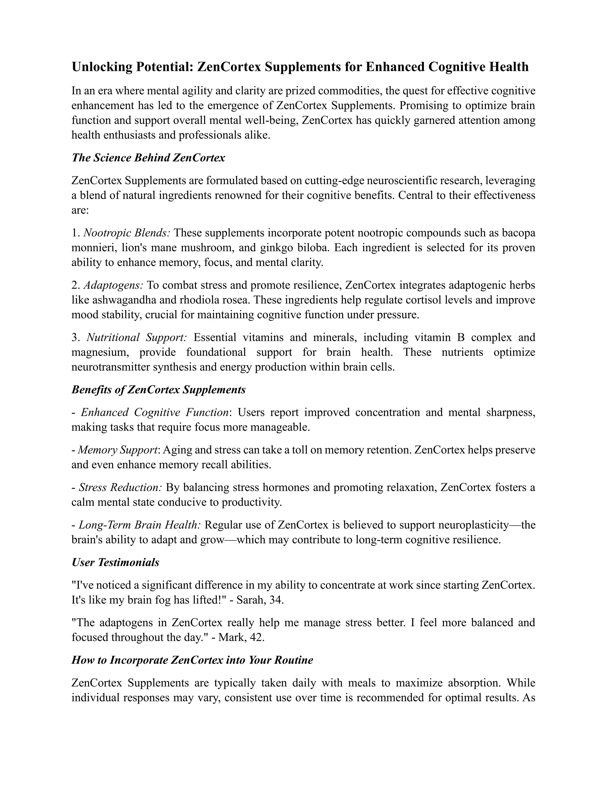 Introduction to brain health ZenCortex Supplements | PDF