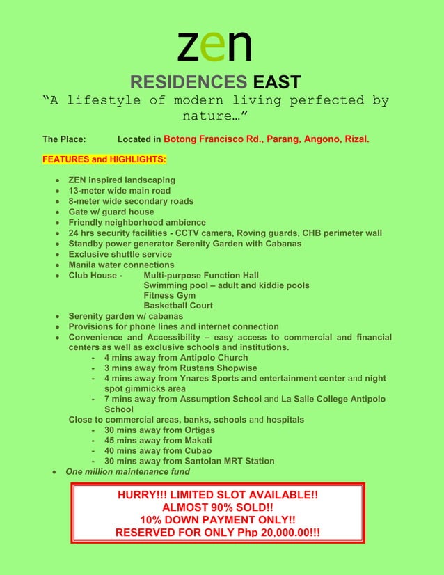 Zen Residences East | DOCX | Houses | Real Estate