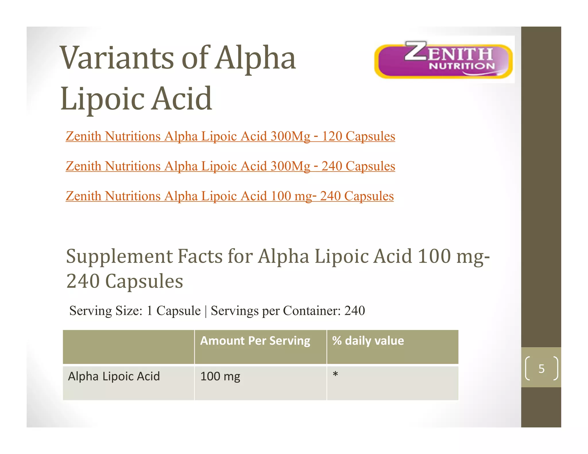 Zenith Nutritions Alpha Lipoic Acid | PDF