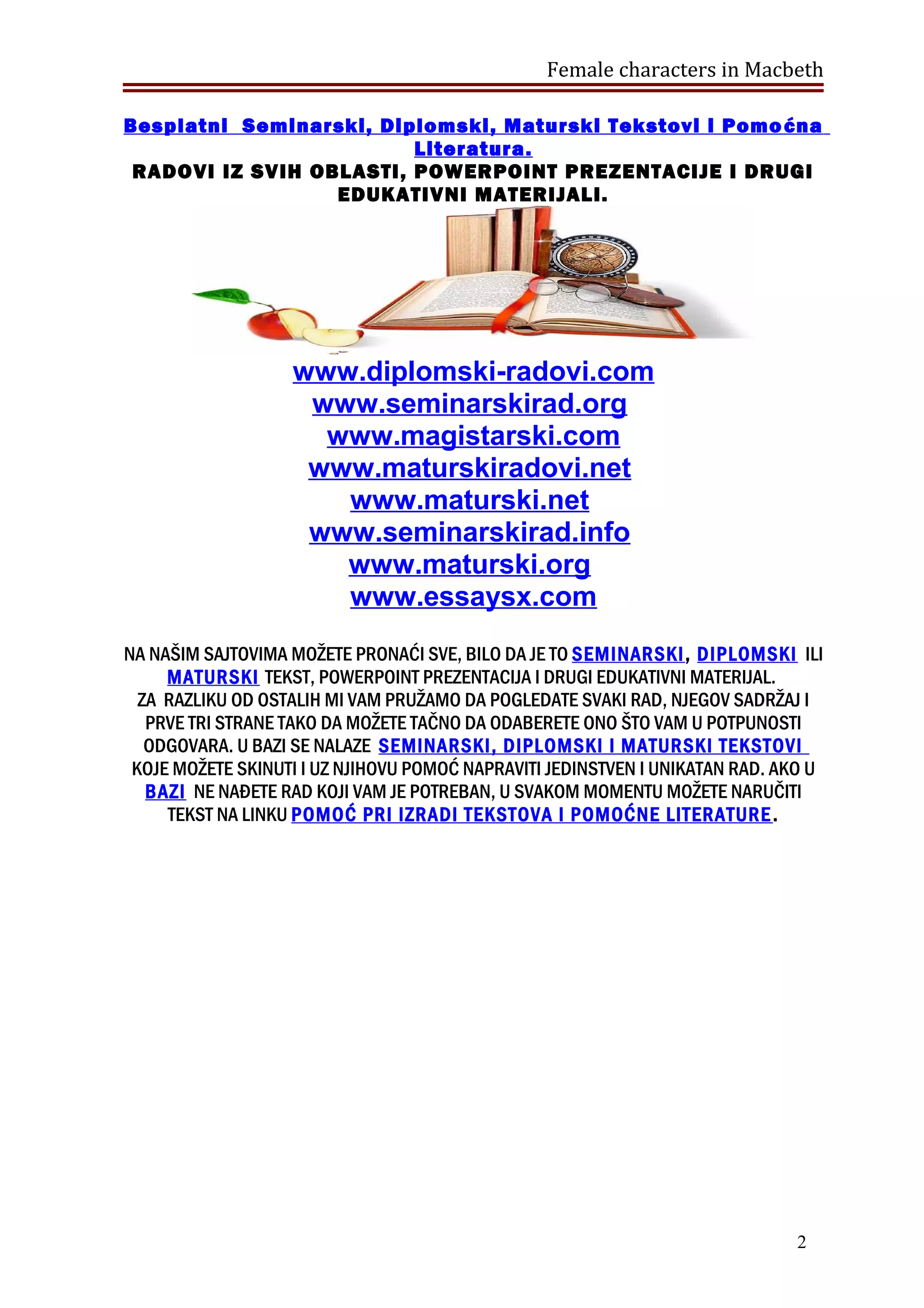 Zenski likovi u magbetu | DOC | Fiction | Books and Literature