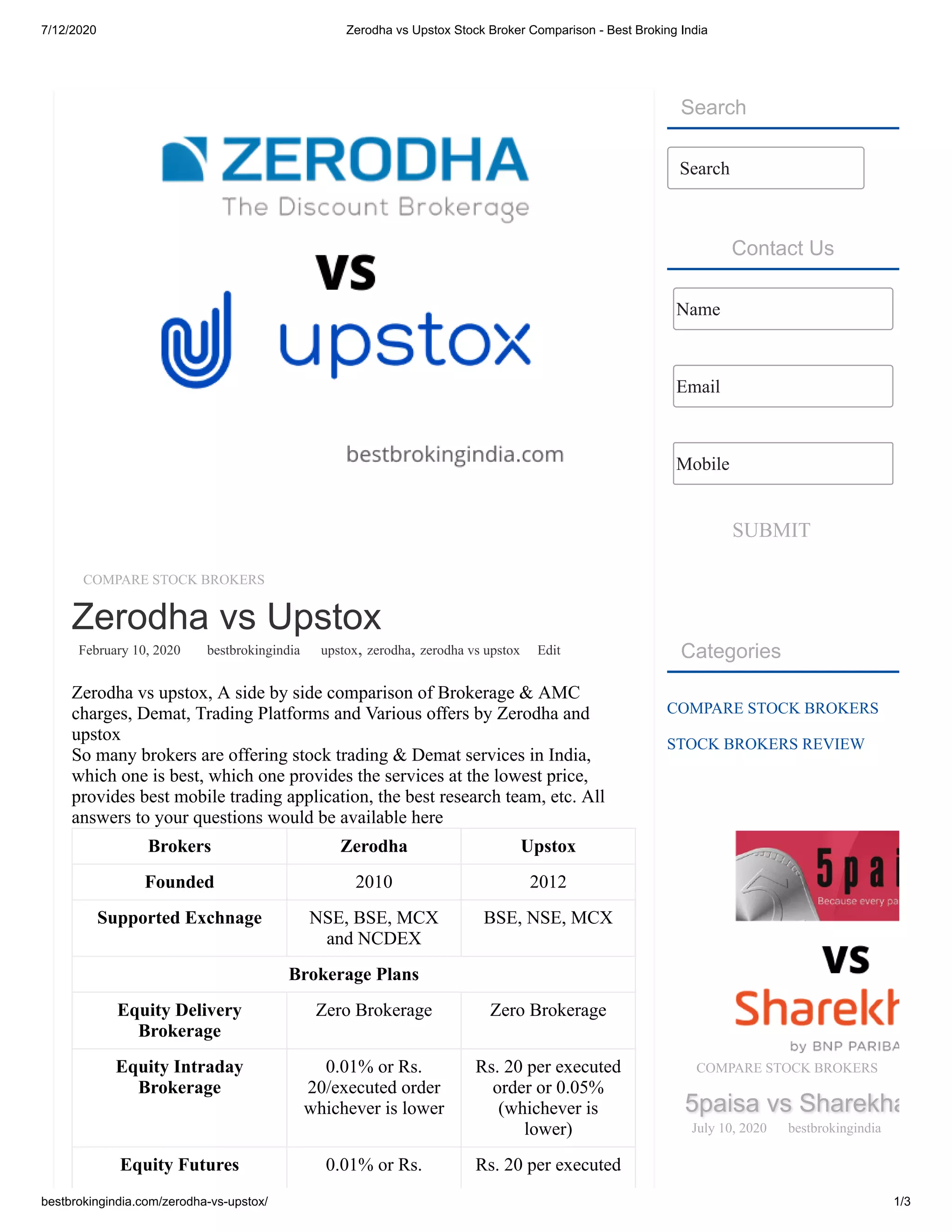 Zerodha vs Upstox Stock Broker Comparison - Best Broking India | PDF