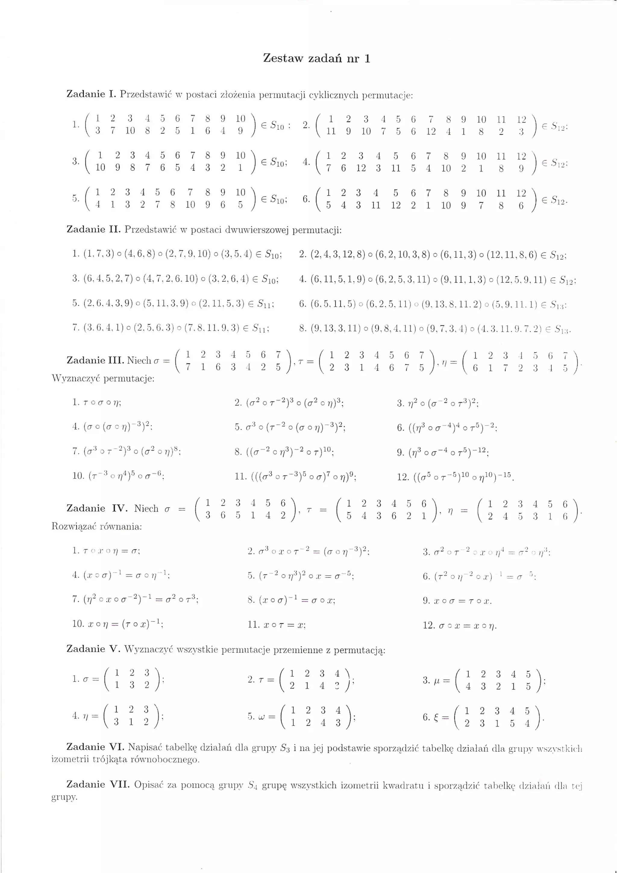 Algebra - zestawy zadań 1-3 | PDF