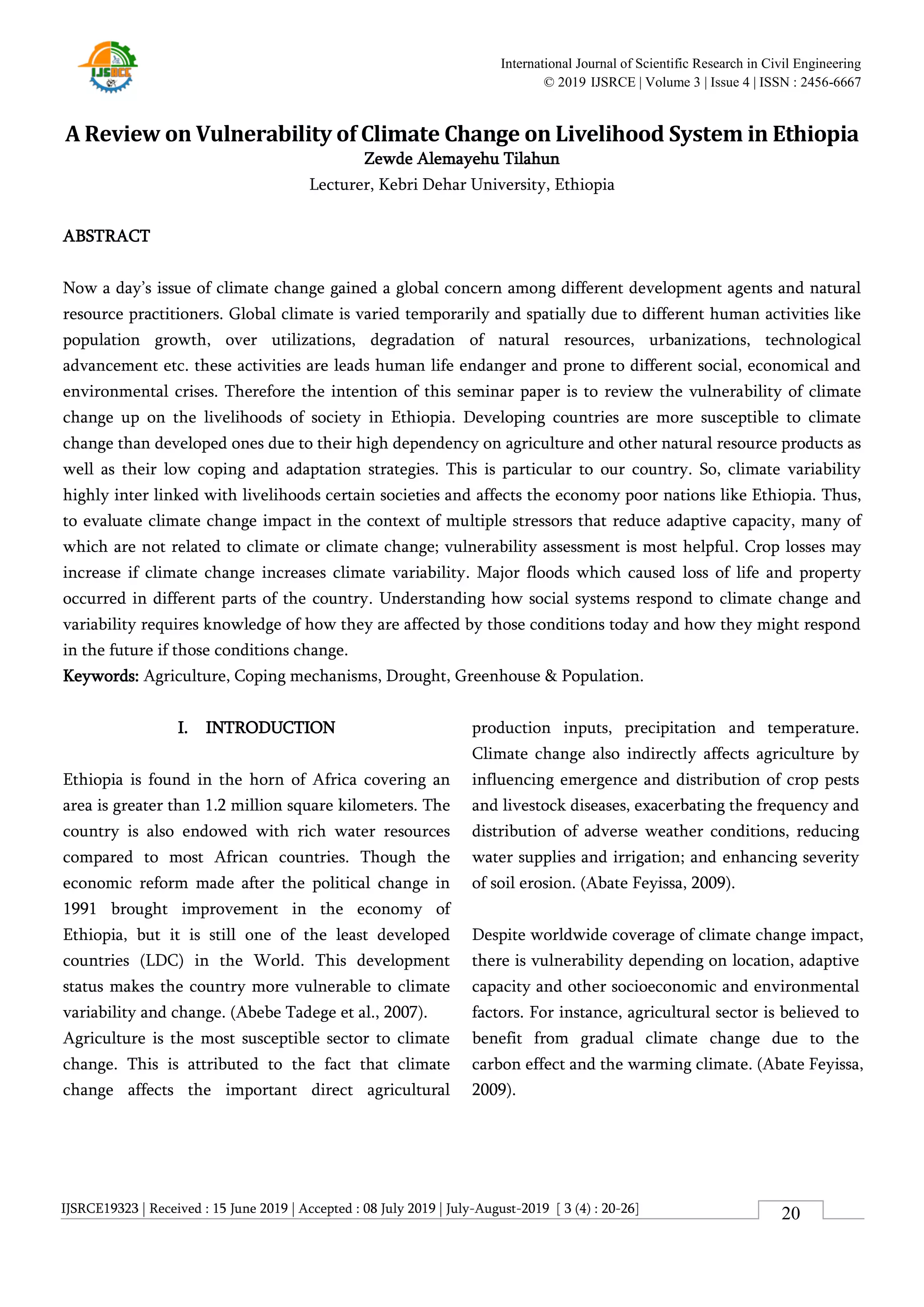 Zewde alemayehu tilahun a review on vulnerability of climate change on ...
