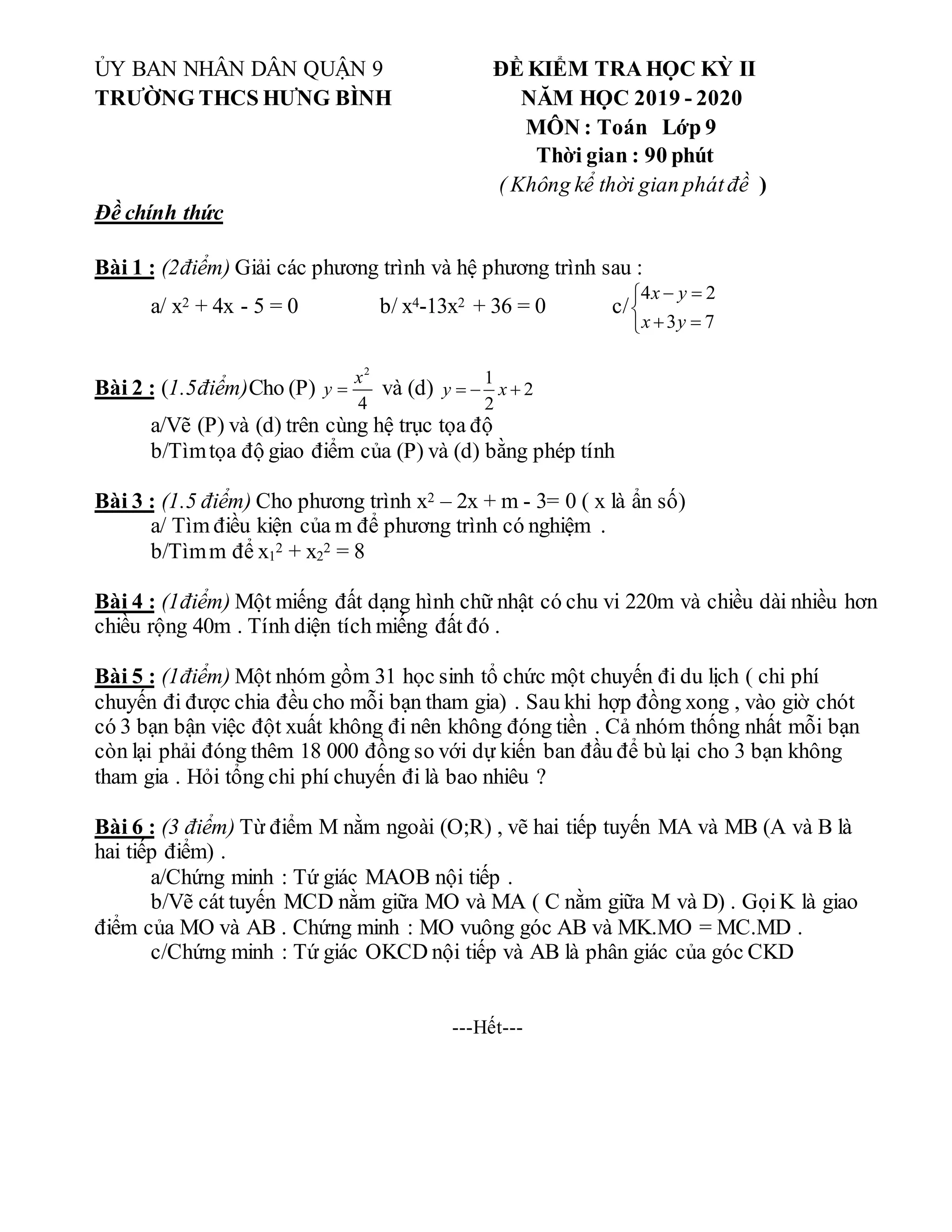 Đề Thi HK2 Toán 9 - THCS Hưng Bình | PDF