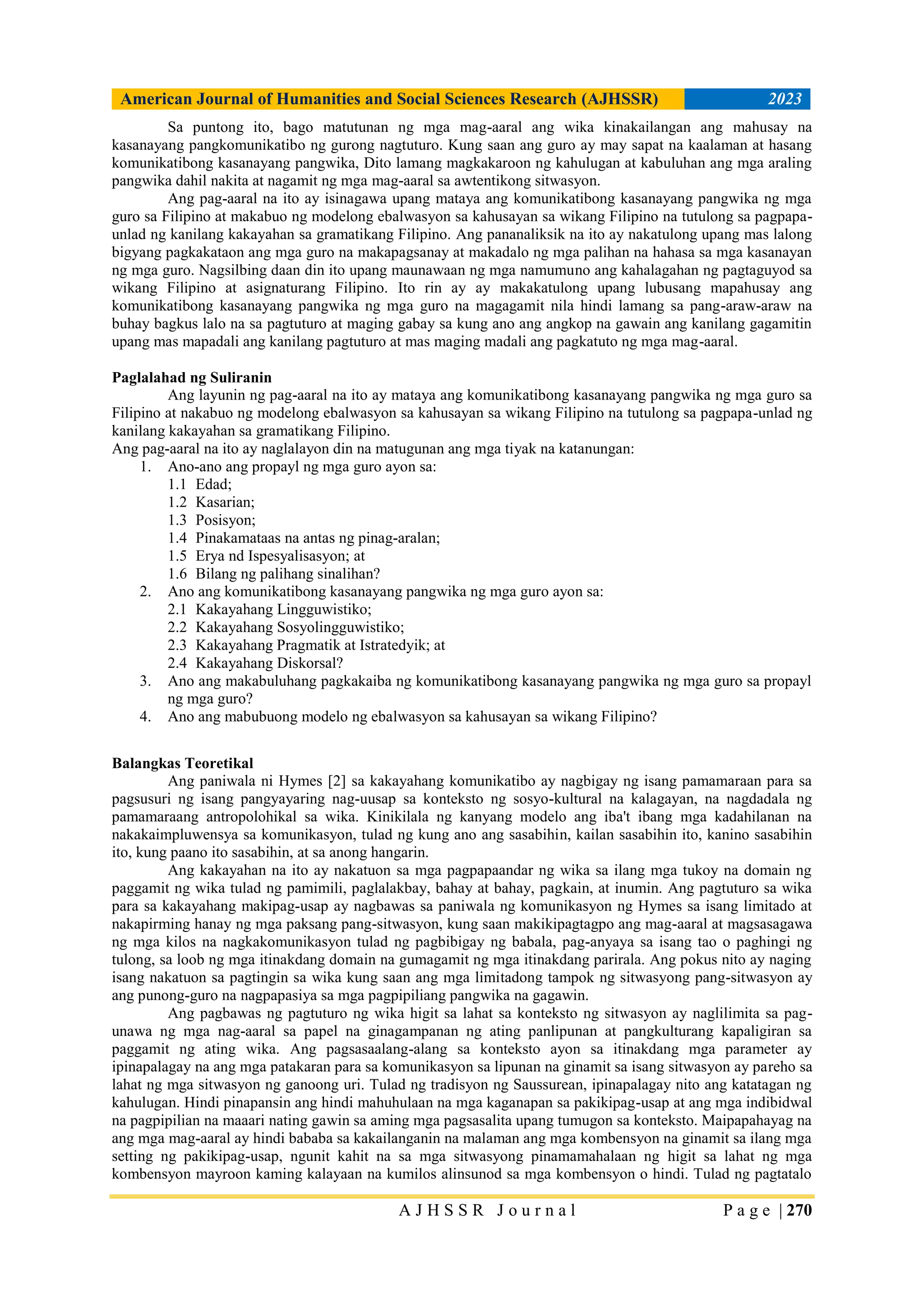 PAGTATAYA SA KOMUNIKATIBONG KASANAYANG PANGWIKA NG MGA GURO SA FILIPINO | PDF