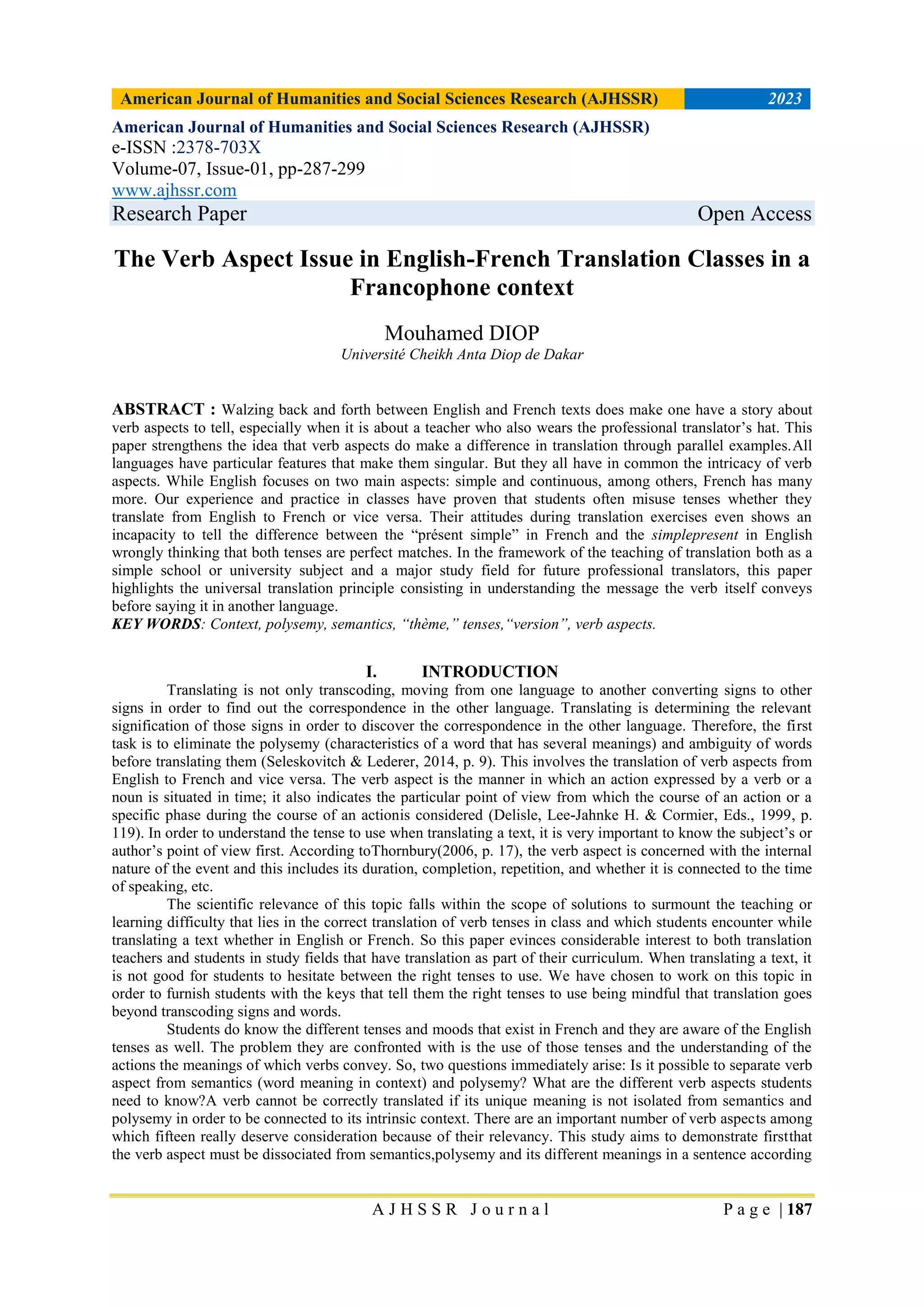 The Verb Aspect Issue in English-French Translation Classes in a ...