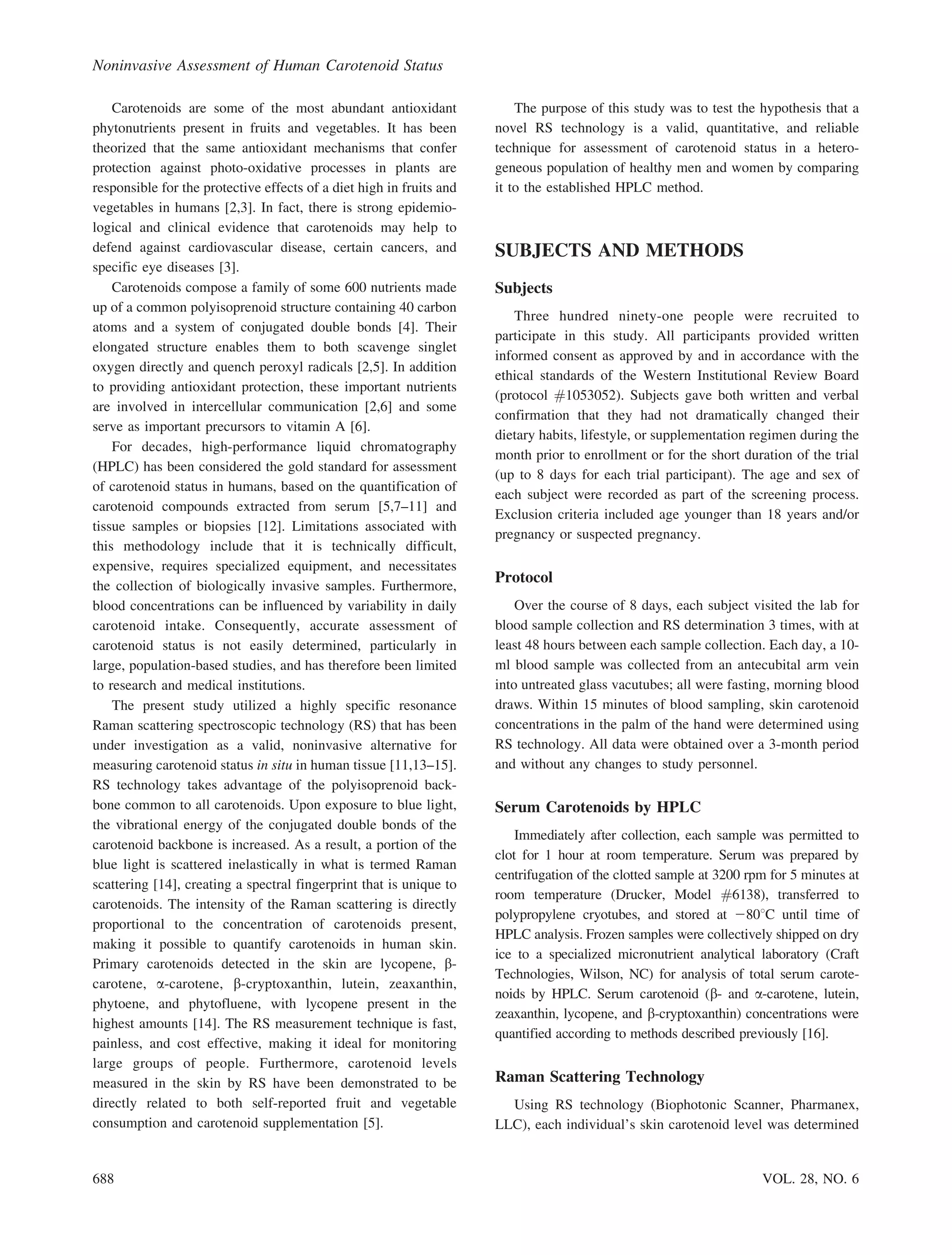 Clinical Validation of a Noninvasive, Raman Spectroscopic Method to ...