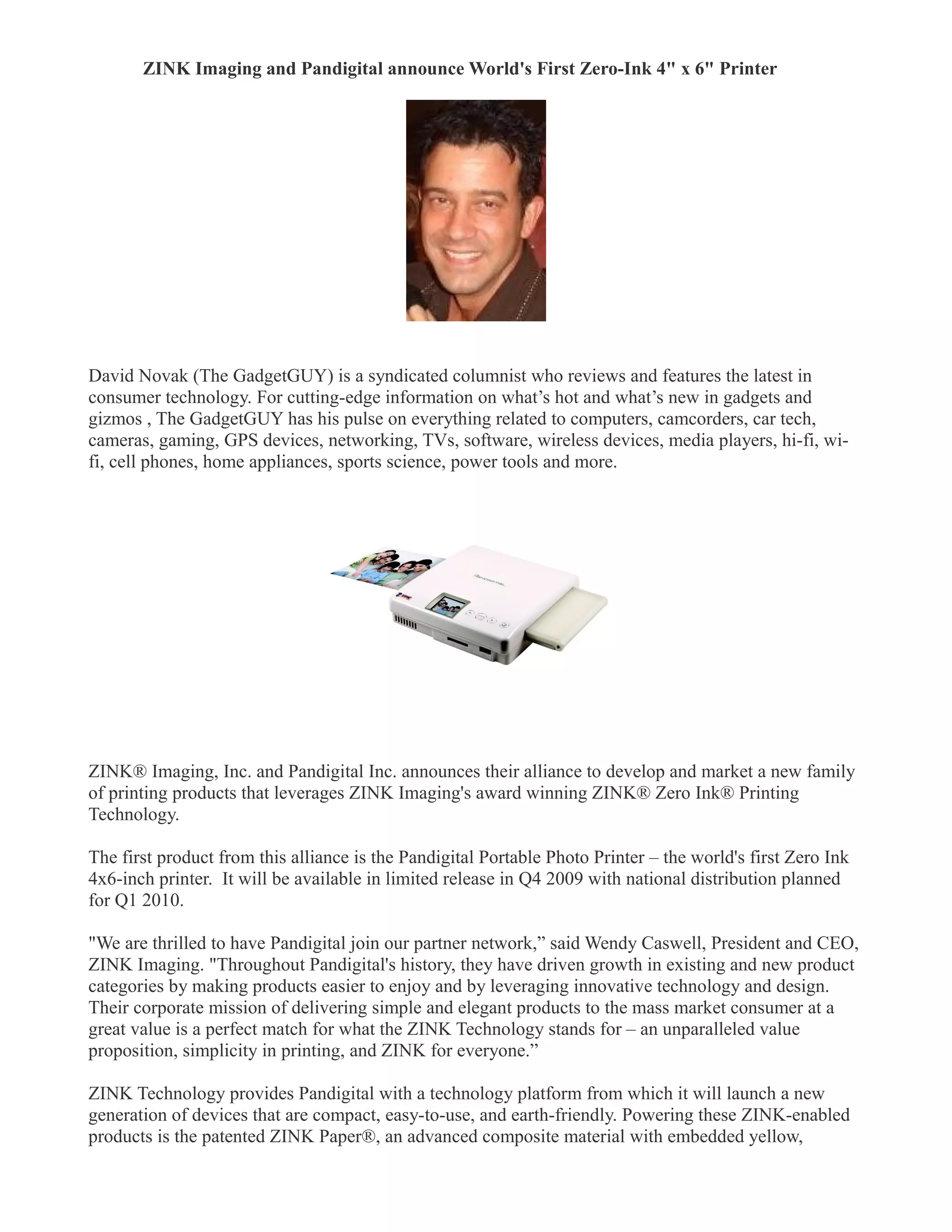 Zink Imaging And Pandigital Announce Worlds First Zero-Ink 4 X 6 ...