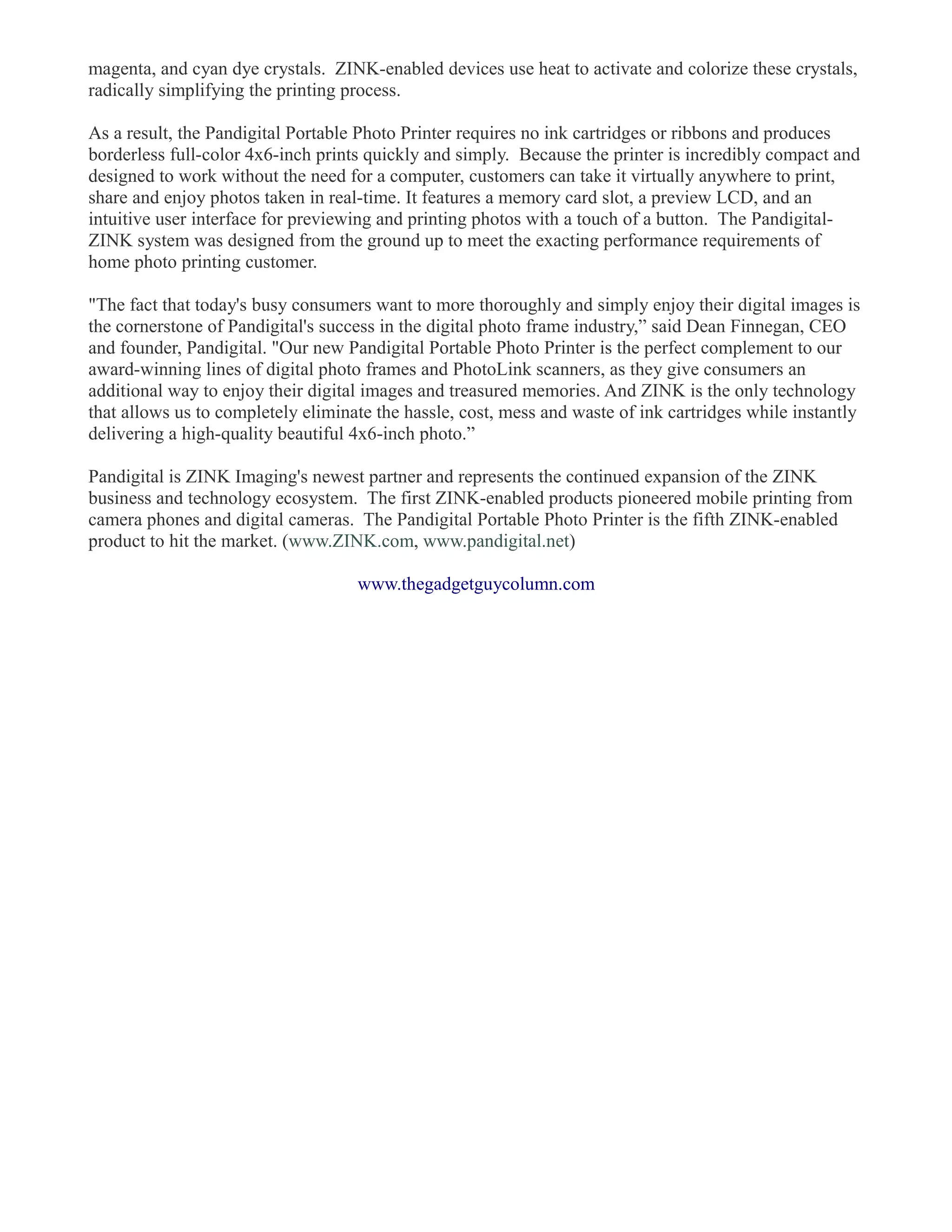 Zink Imaging And Pandigital Announce Worlds First Zero-Ink 4 X 6 ...