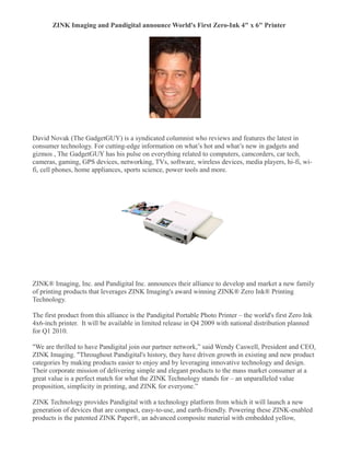 Zink Imaging And Pandigital Announce Worlds First Zero-Ink 4 X 6 ...
