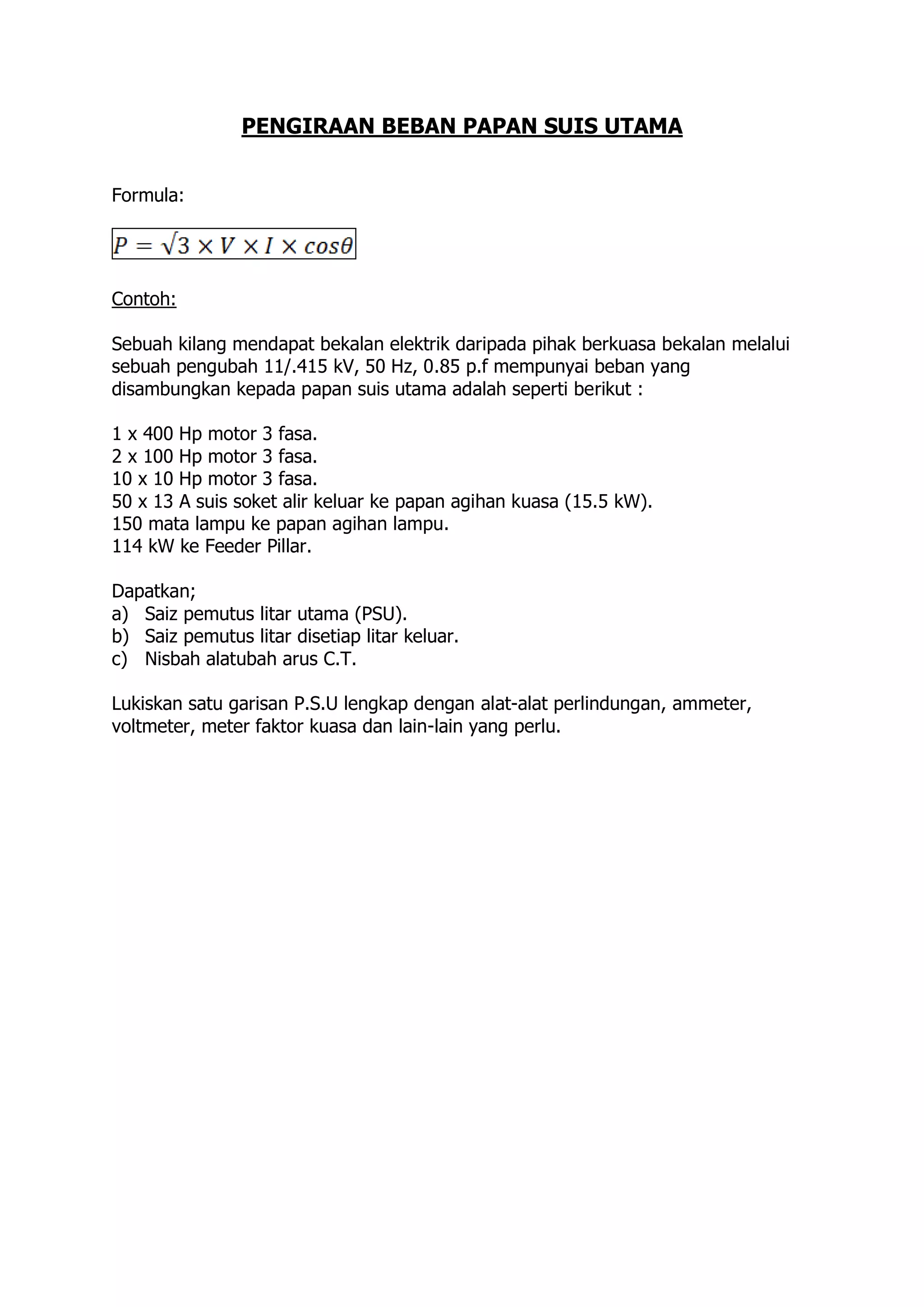 Latihan pengiraan beban papan suis utama | PDF