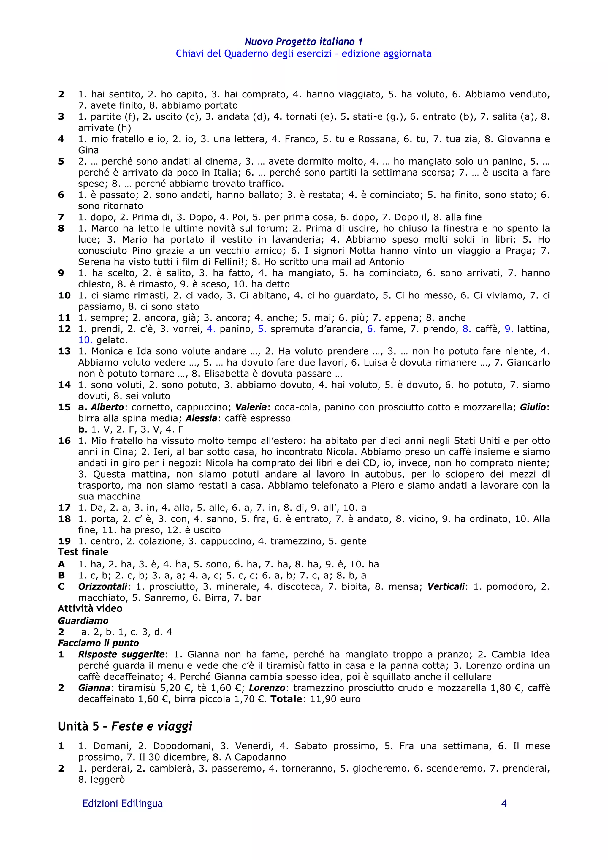 Nuovo Progetto Italiano - Chiavi quaderno degli_esercizi | PDF