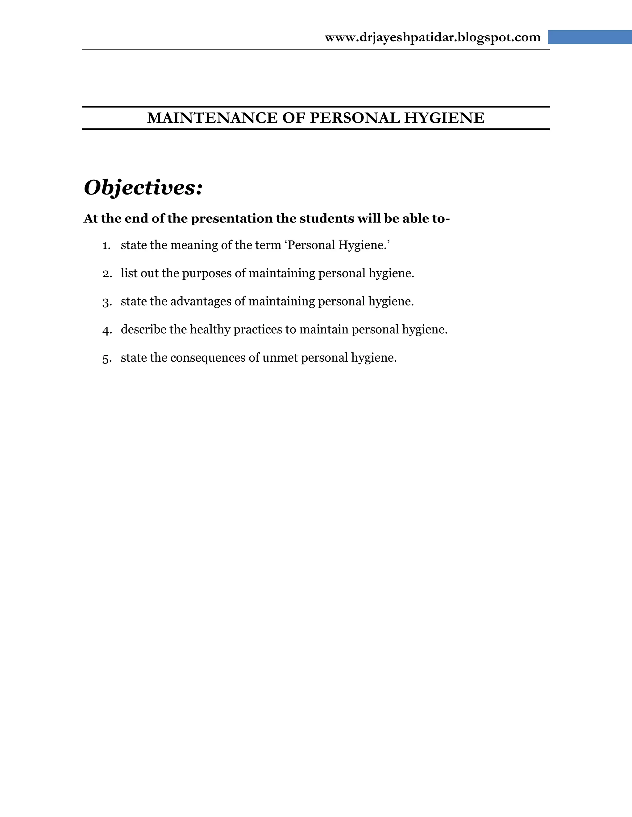 Maintenance of personal hygiene | PDF