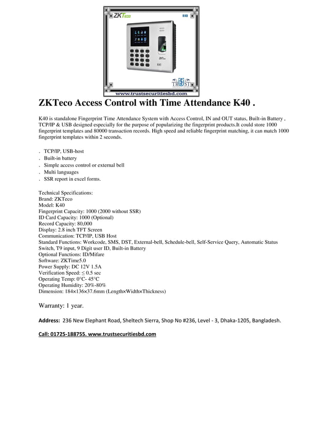 Zk teco access control with time attendance k40 | PDF
